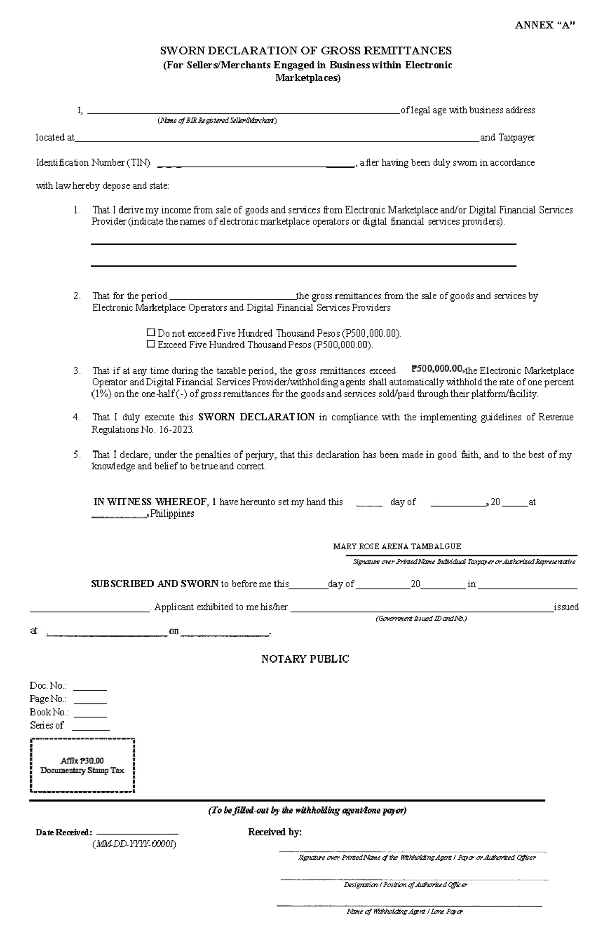 Sworn of Declaration - ANNEX “A" SWORN DECLARATION OF GROSS REMITTANCES ...