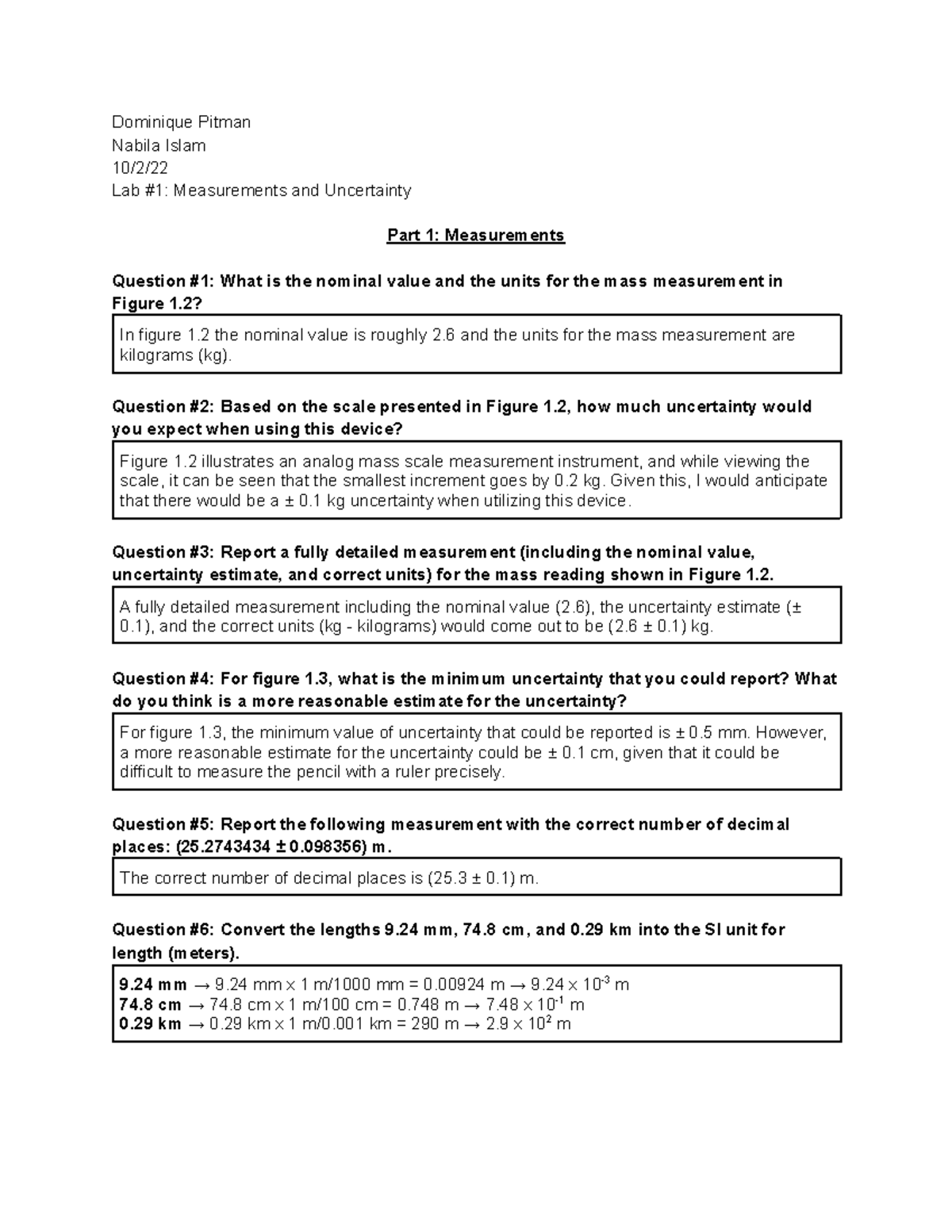 Lab #1 Measurements and Uncertainty, Dominique Pitman - Dominique ...