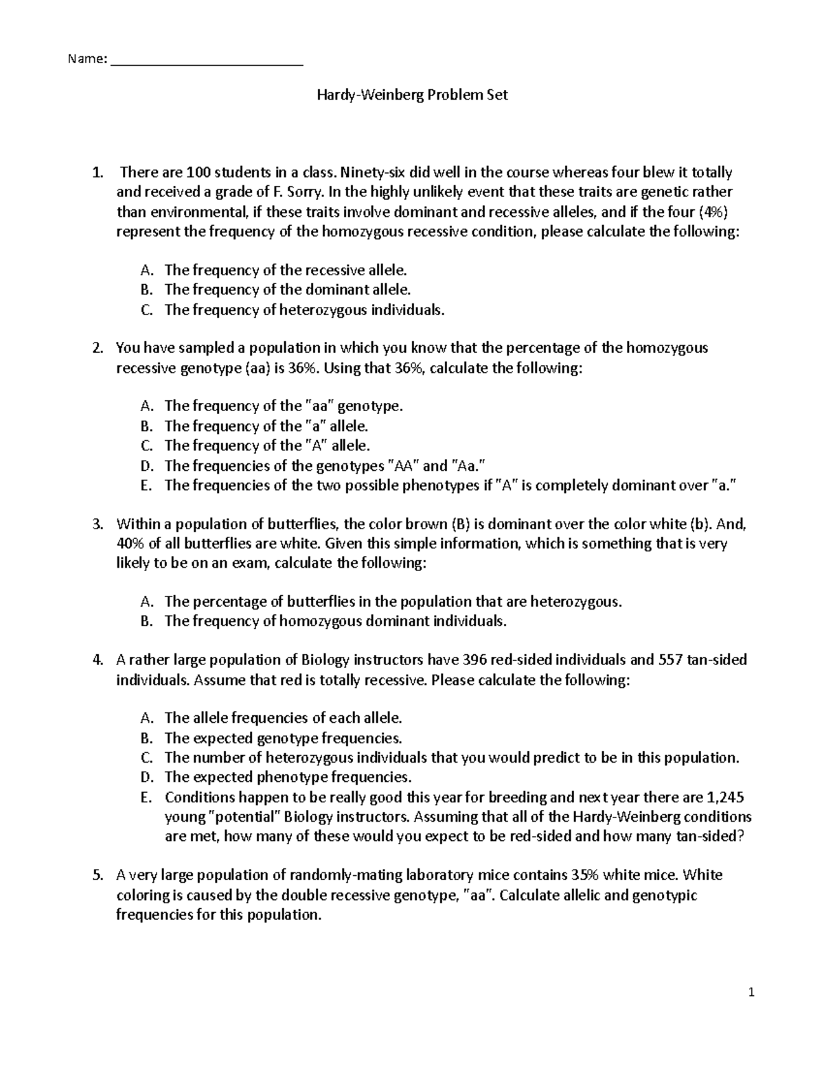 BB Hardy-Weinberg Paper Lab - Name: __________________________ Hardy ...