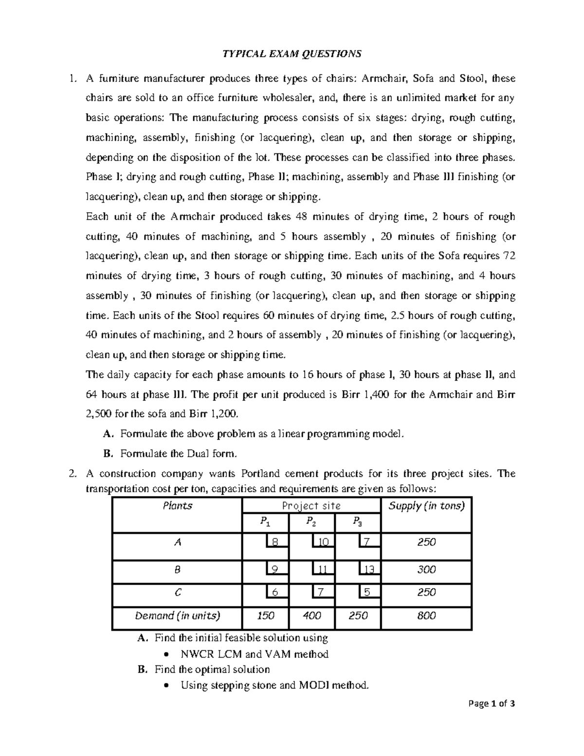 Typical exams questions - Page 1 of 3 TYPICAL EXAM QUESTIONS 1. A ...