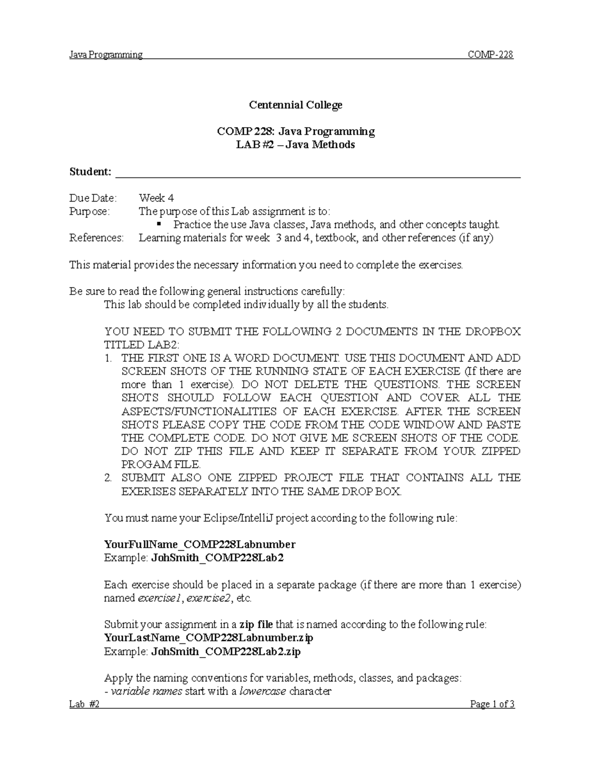 Lab2Final Final - cdsSD - Java Programming COMP- Centennial College COMP 228: Java Programming ...