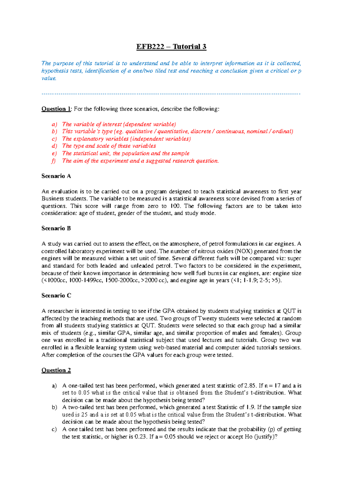 EFB222 Tutorial 3 - EFB222 – Tutorial 3 The purpose of this tutorial is ...
