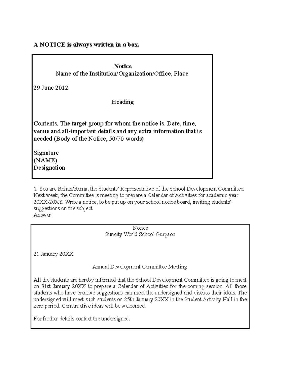 Notice Writing - A NOTICE is always written in a box. Notice Name of ...