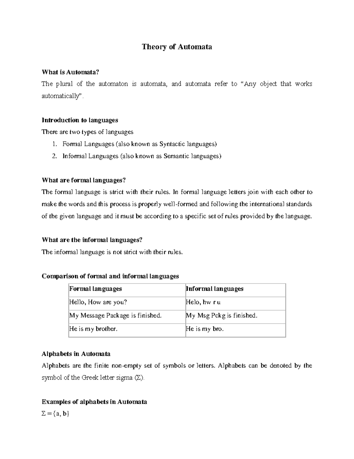 Toa Handouts 1 Theory Of Automata Theory Of Automata What Is Automata The Plural Of The