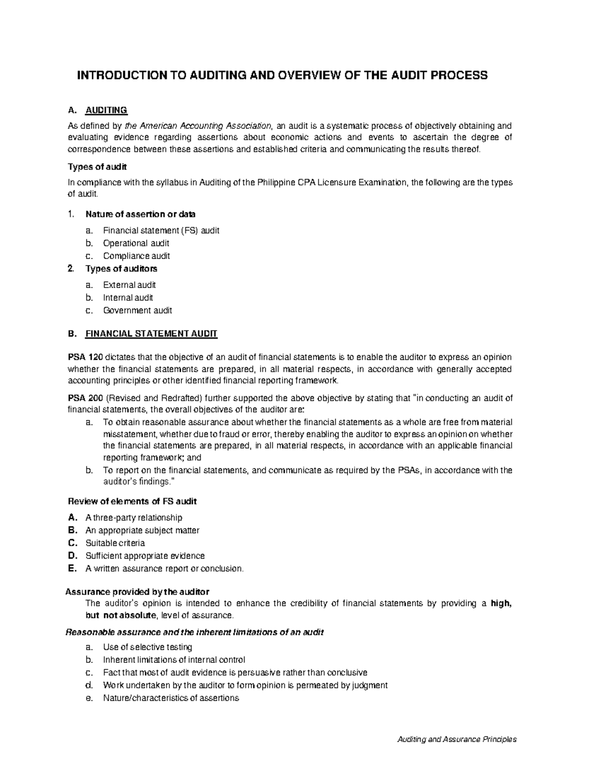 Intro to Auditing - INTRODUCTION TO AUDITING AND OVERVIEW OF THE AUDIT ...