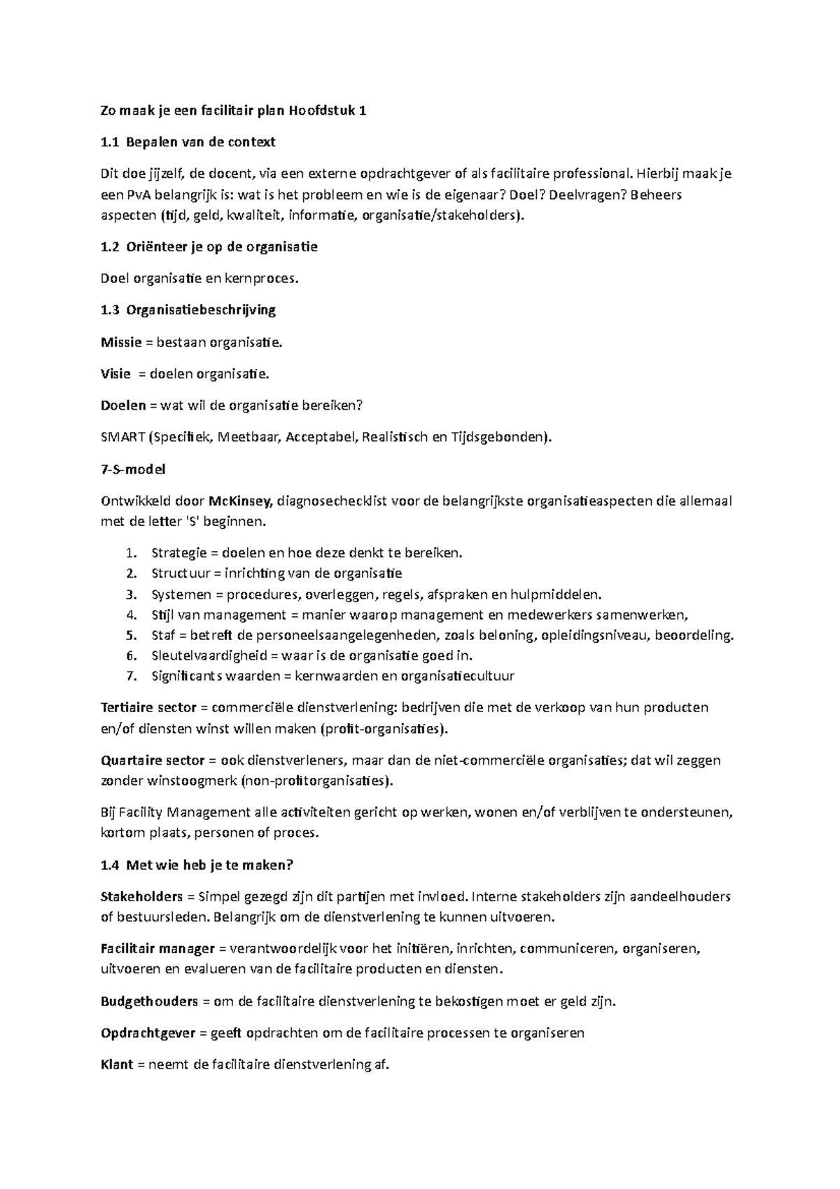 Samenvatting H1 Maken facilitair plan - Zo maak je een facilitair plan ...