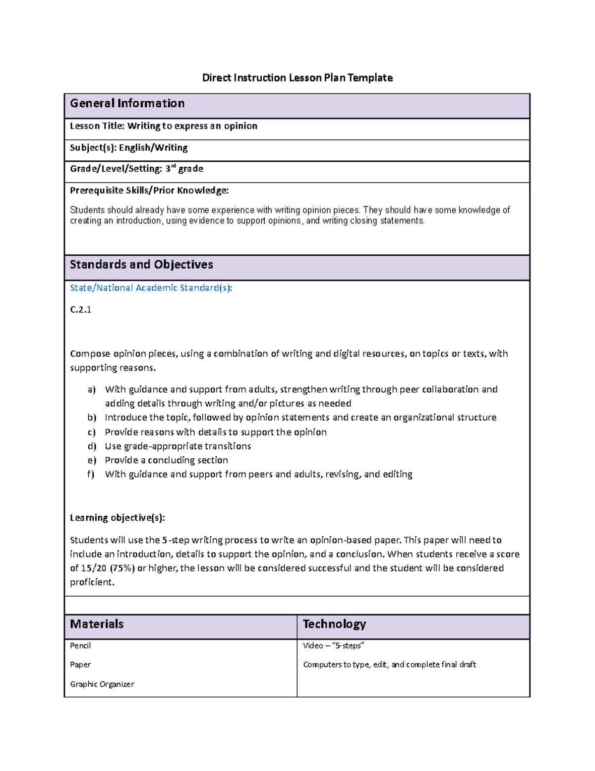 LSM2 - Task 1 - Task 1 - Passed - Direct Instruction Lesson Plan Template General Information ...