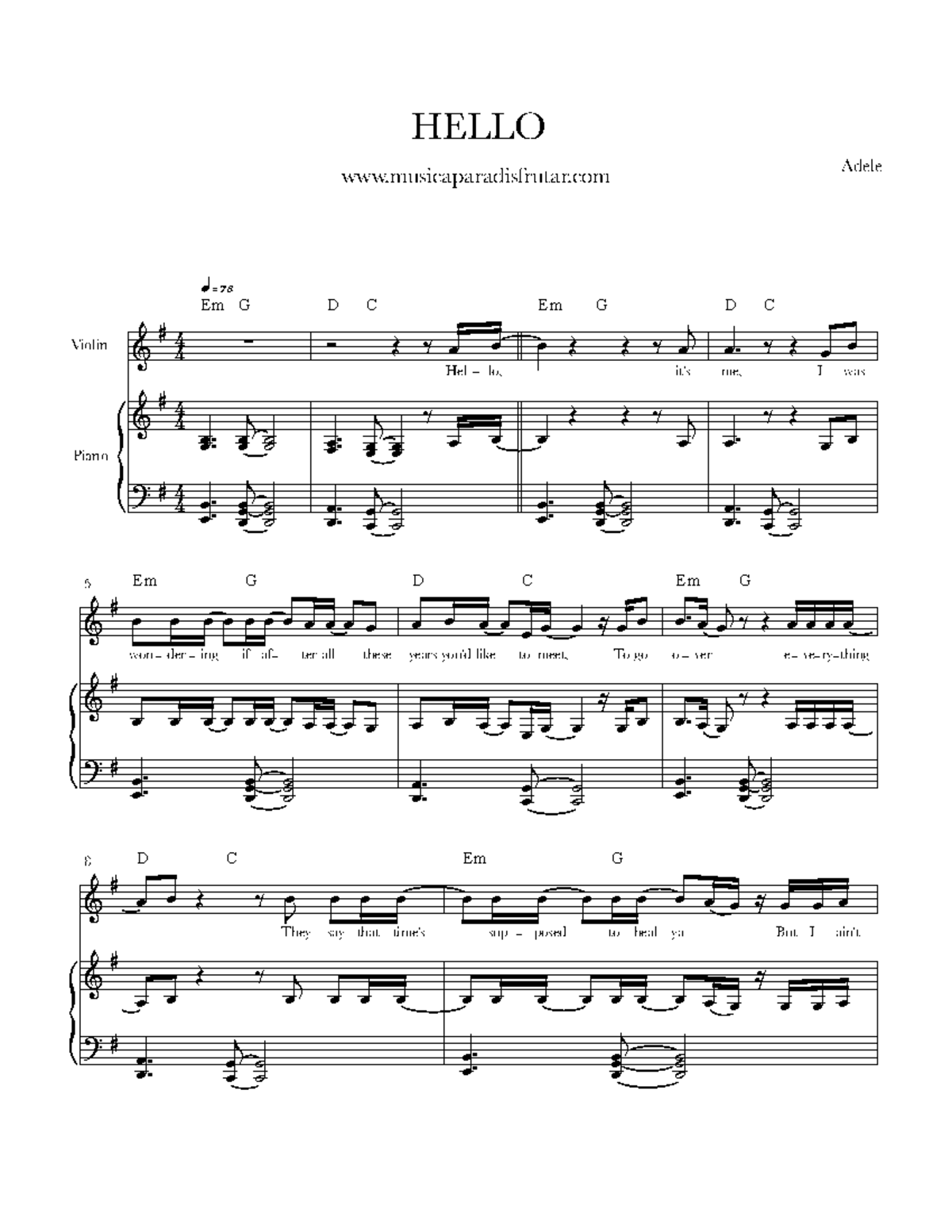 Partitura Piano y Violin - Hello Adele - HELLO musicaparadisfrutar Adele Ŋ " Ŋ " $ " - Studocu