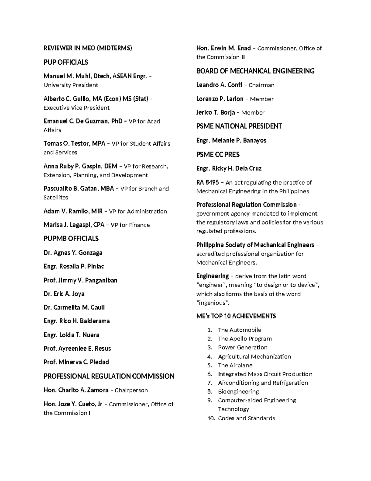 Reviewer in MEO - REVIEWER IN MEO (MIDTERMS) PUP OFFICIALS Manuel M ...