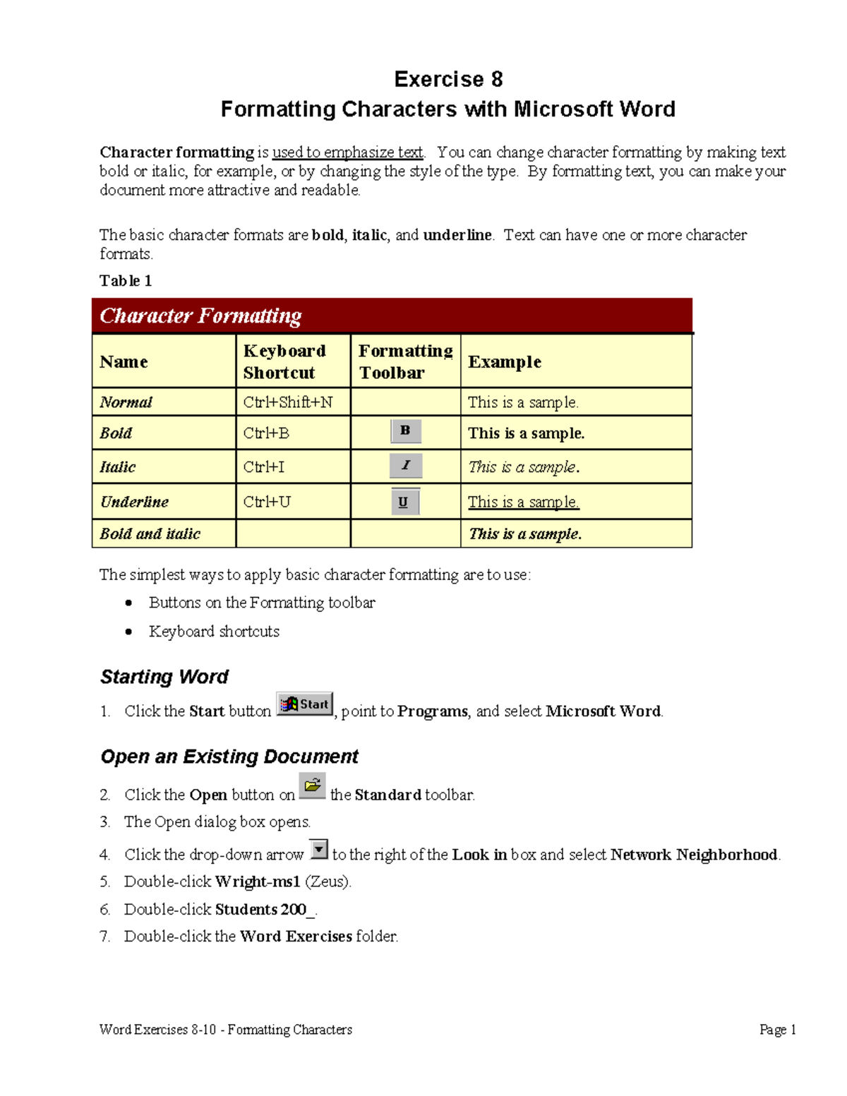Word 8-10 - Lecture notes Word 8-10 - Exercise 8 Formatting Characters ...