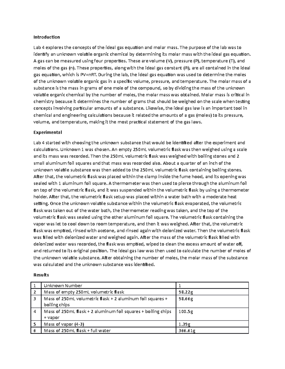 Lab Report 4 Ideal gas equation - Introduction Lab 4 explores the ...