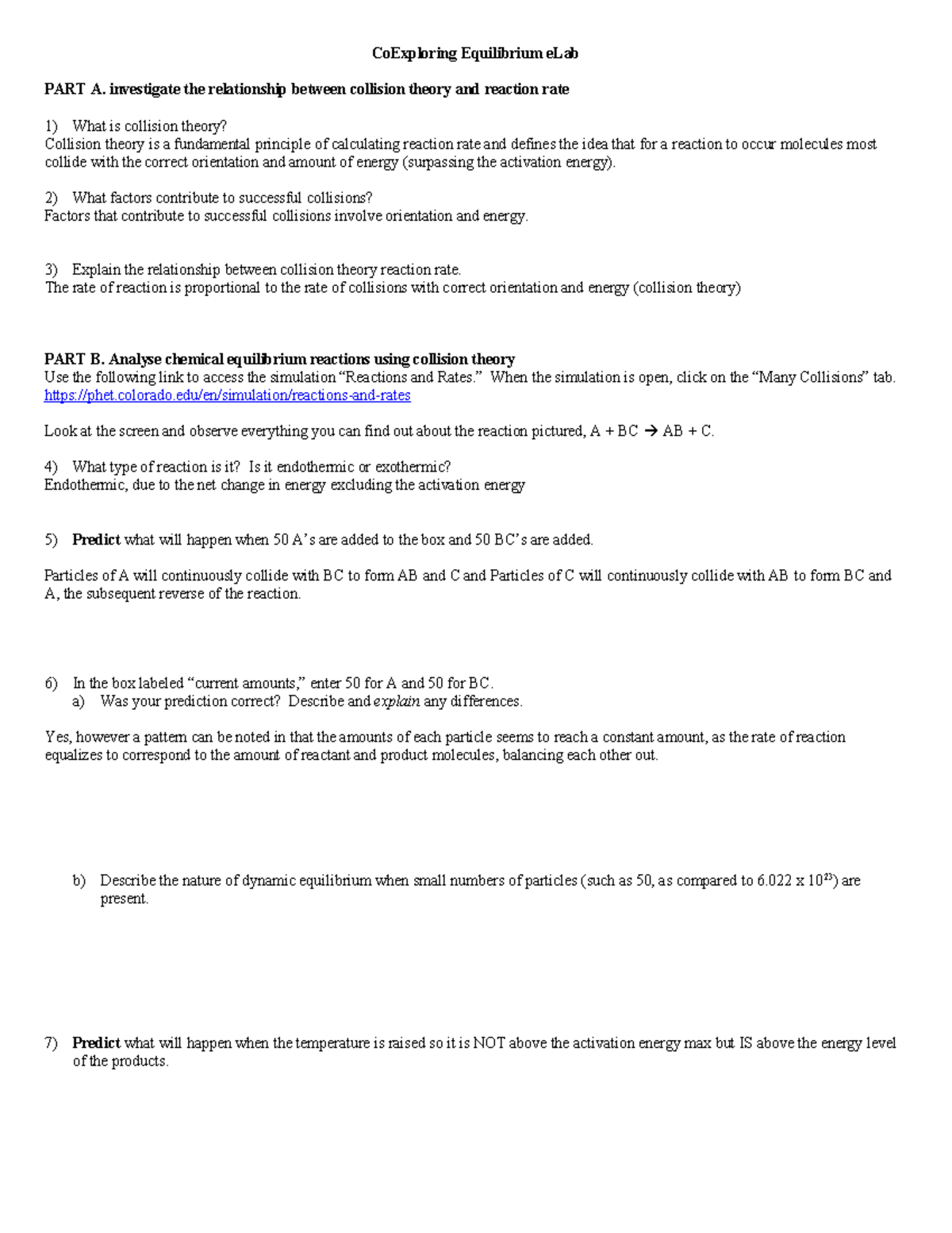PHET collision theory, reaction rate and equilibrium - CoExploring ...