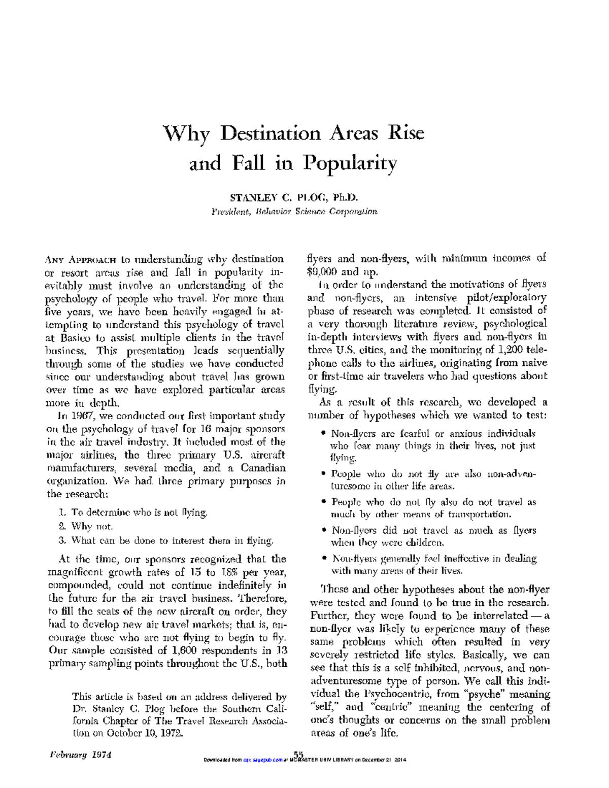 Plog's Psychographic Model - 55 Why Destination Areas Rise and Fall in ...