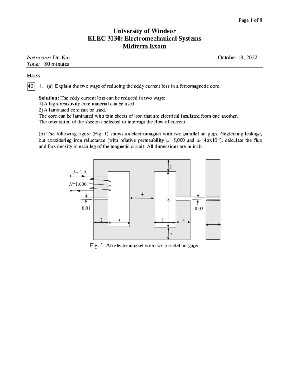 Midterm Solution - University of Windsor ELEC 3 130 : Electromechanical Systems Midterm Exam ...