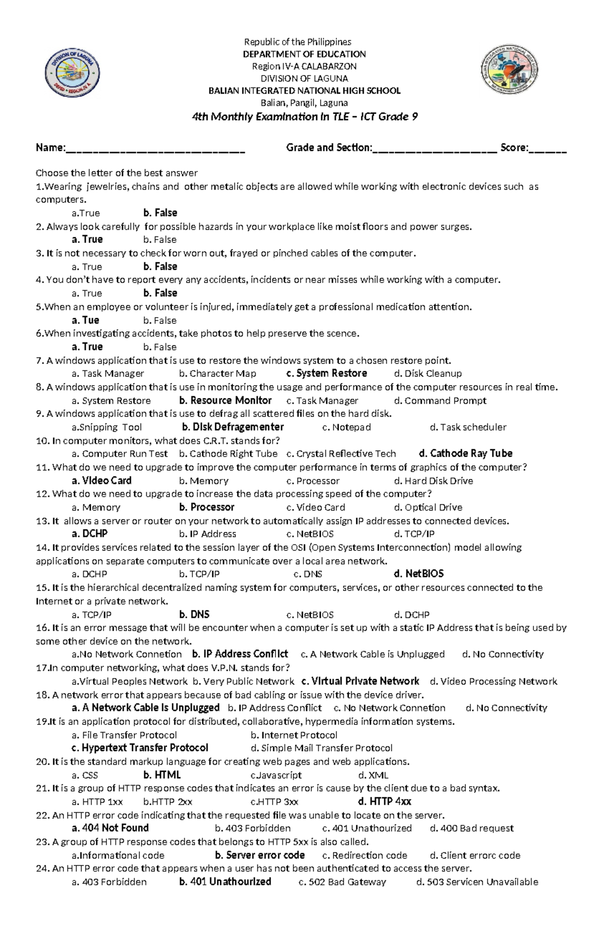 412827201 4th Quarterly Test Grade 9 Answered - Republic of the ...