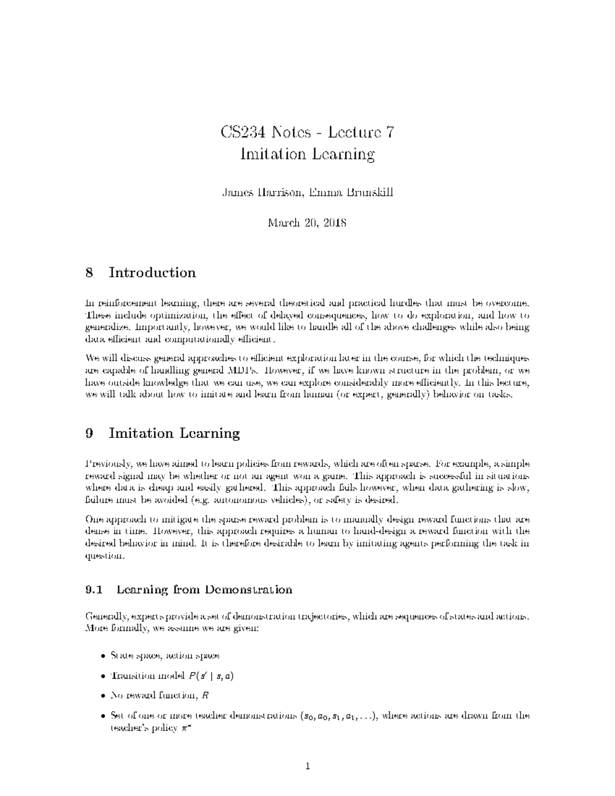 Lecture 7 This Was A Project For Cs Class Cs234 Notes Lecture 7 Imitation Learning James 4901