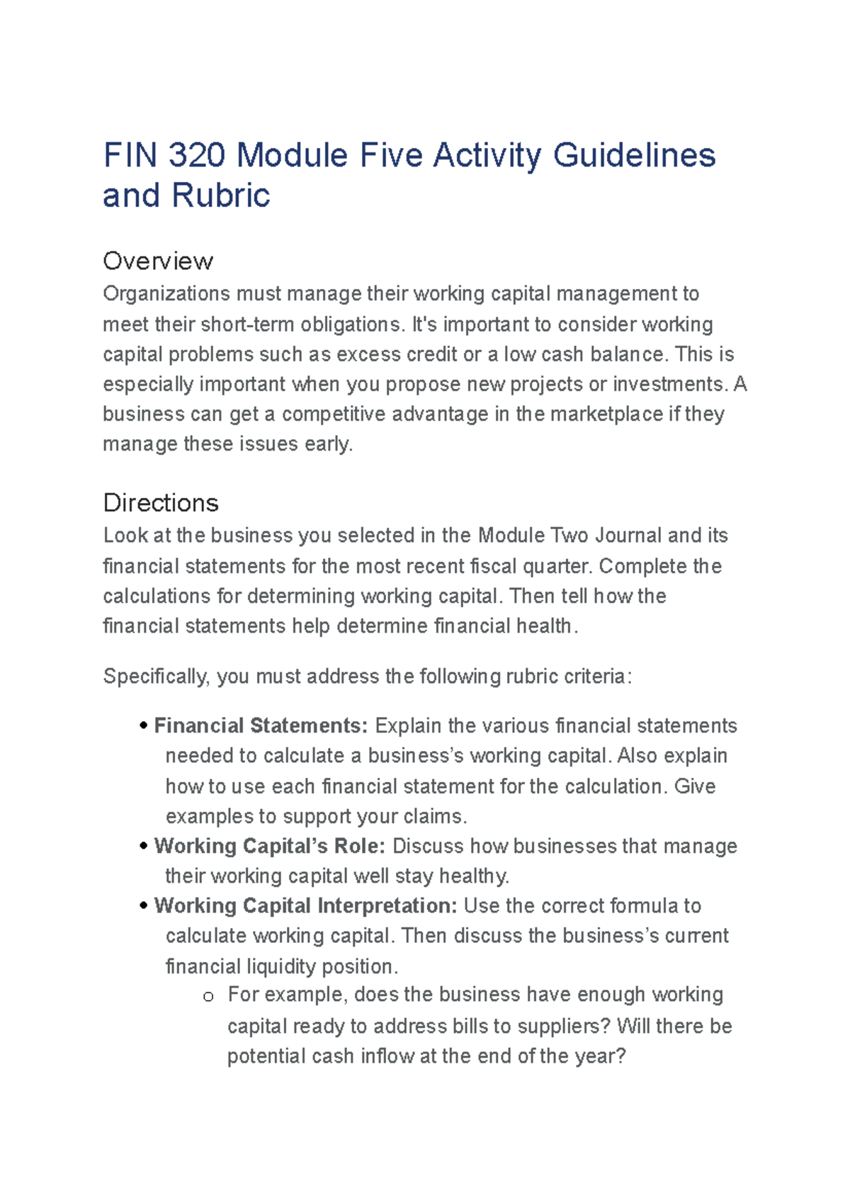 FIN 320 Module Five Activity Guidelines and Rubric - FIN 320 Module ...