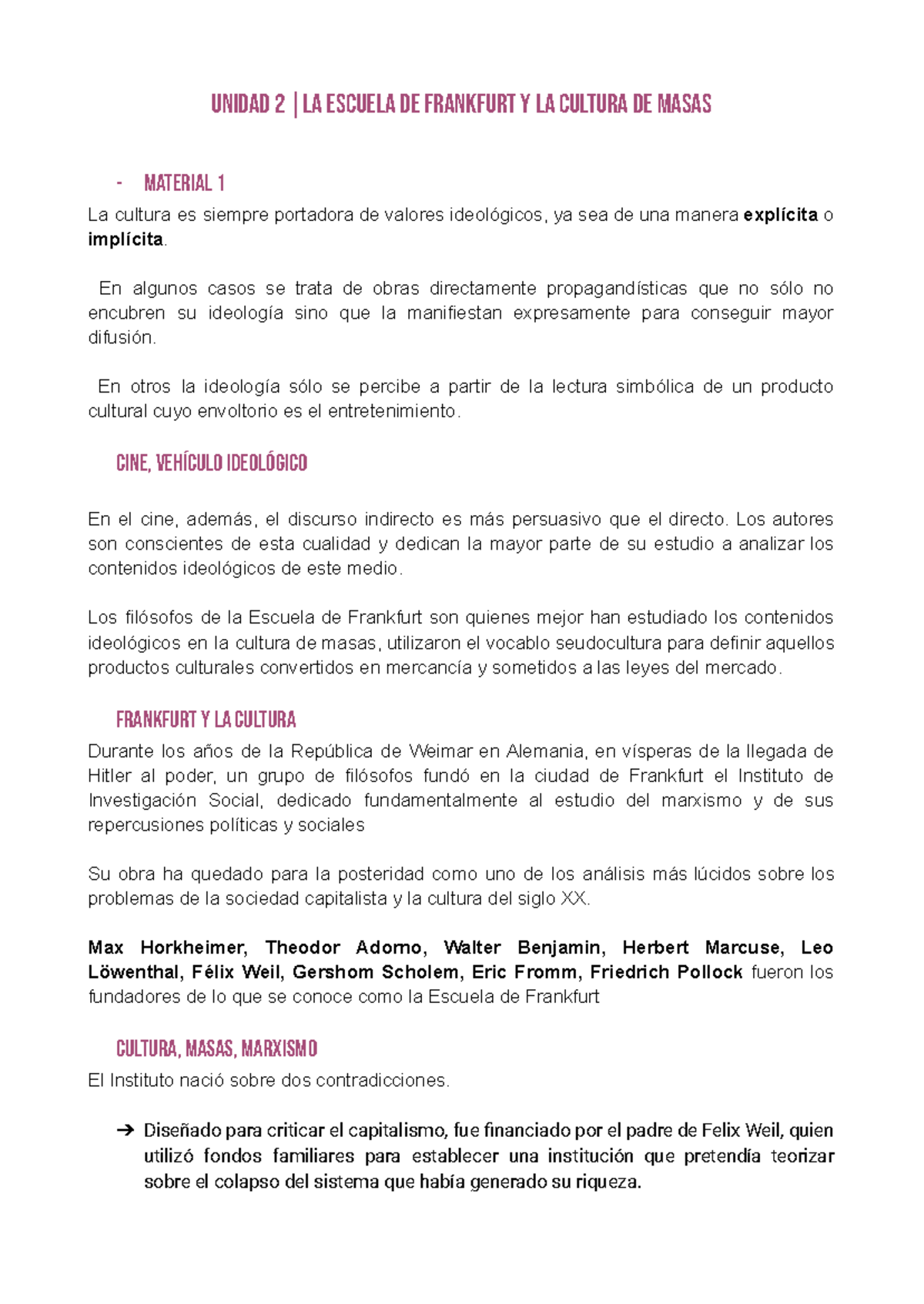 Unidad 2 TCI La Escuela de Frankfurt y la cultura de masas - En algunos ...