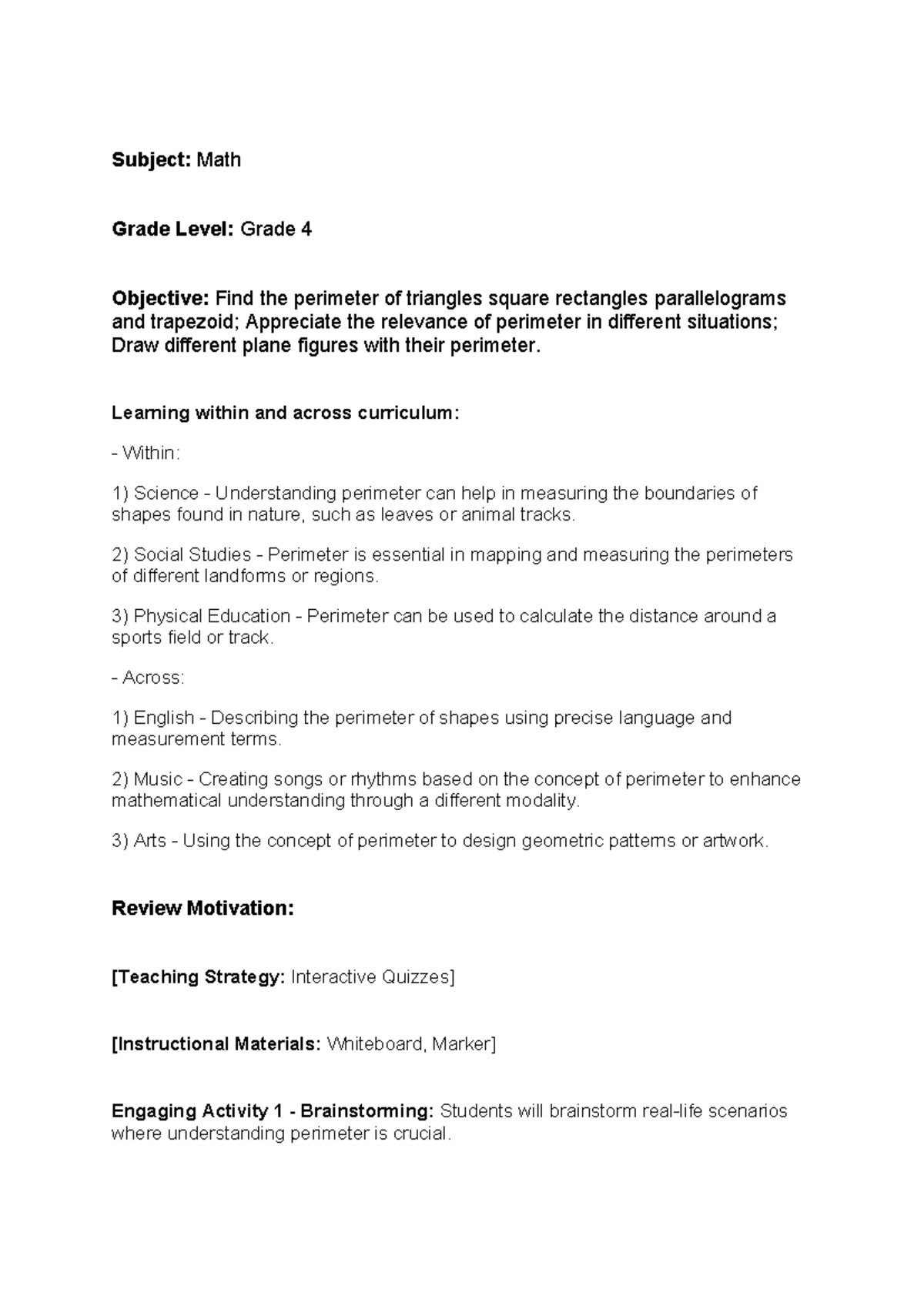 Draft-lesson plan-Math-4 - Subject: Math Grade Level: Grade 4 Objective ...