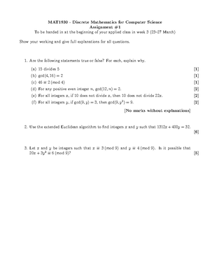 Tute1 - MAT1830 - Discrete Mathematics for Computer Science Tutorial Sheet # Show your working ...