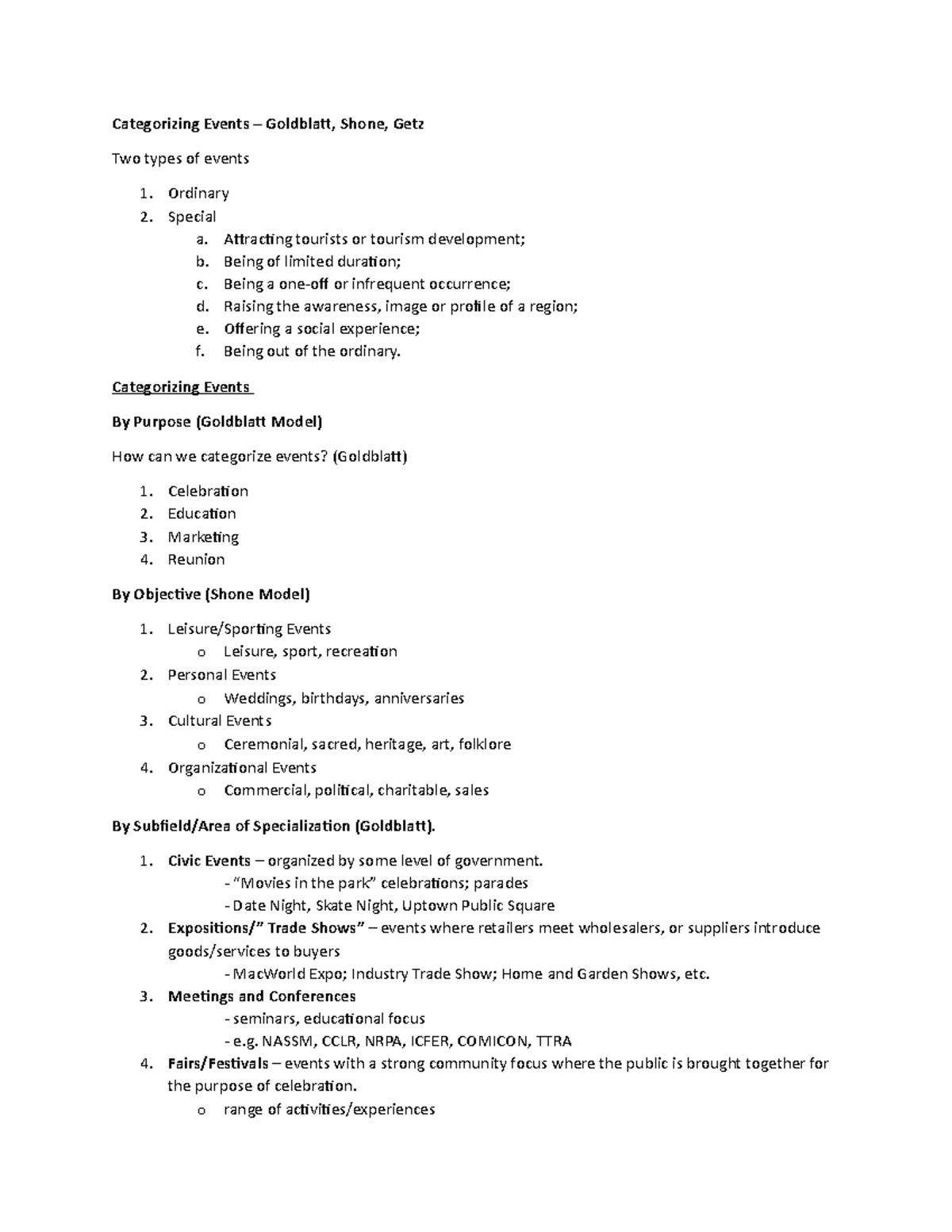 Midterm 1 Notes - Categorizing Events – Goldblatt, Shone, Getz Two ...