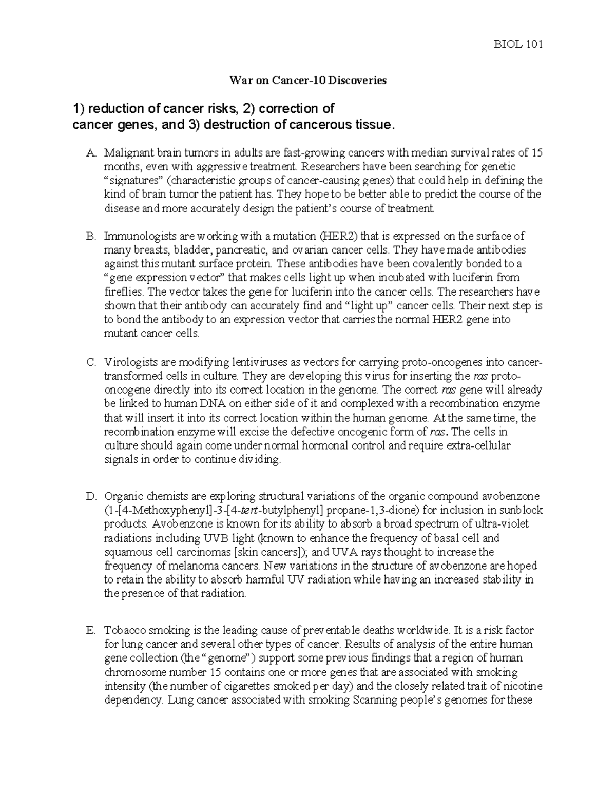 War on Cancer - hjhb - BIOL 101 War on Cancer-10 Discoveries 1 ...