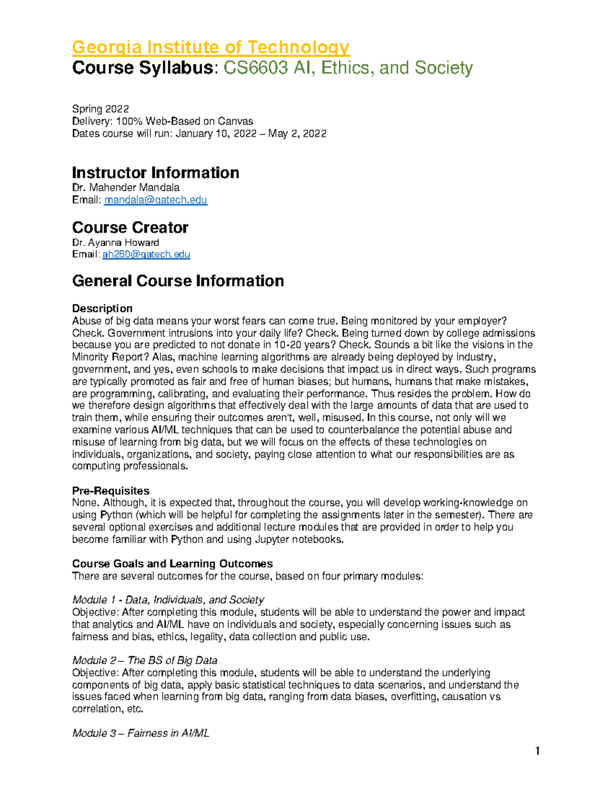 CS8803 Syllabus Spring 2022 Omscs - Course Syllabus : CS6603 AI, Ethics ...