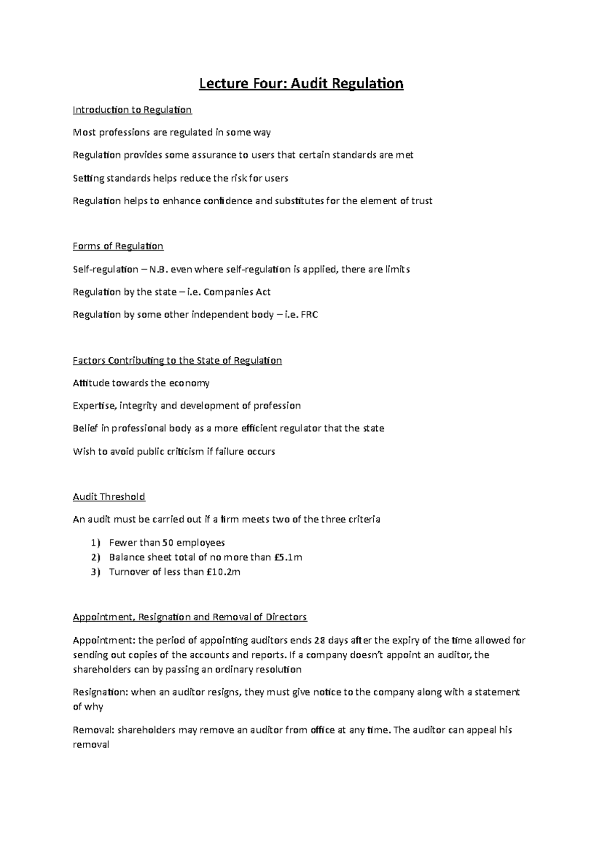 Audit Regulation Notes - Lecture Four: Audit Regulation Introduction to ...