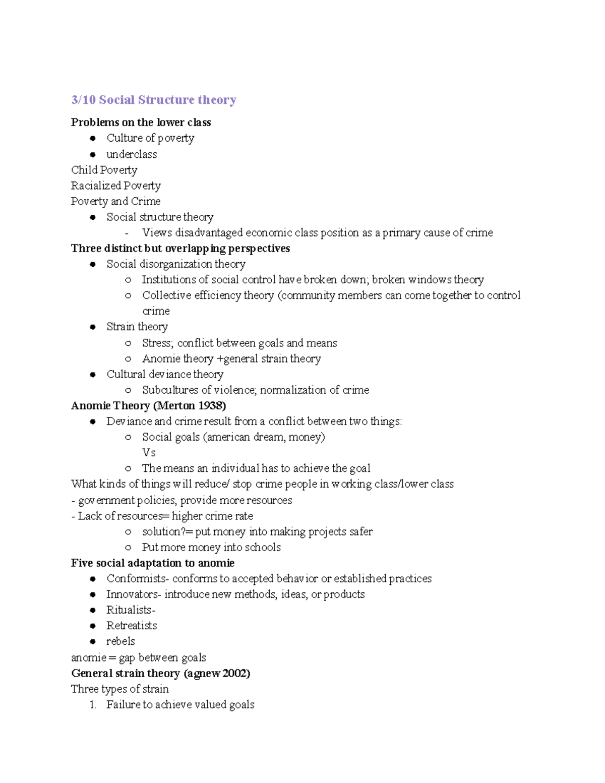 Criminology no3 - teacher: krista mcqueeney - 3/10 Social Structure ...