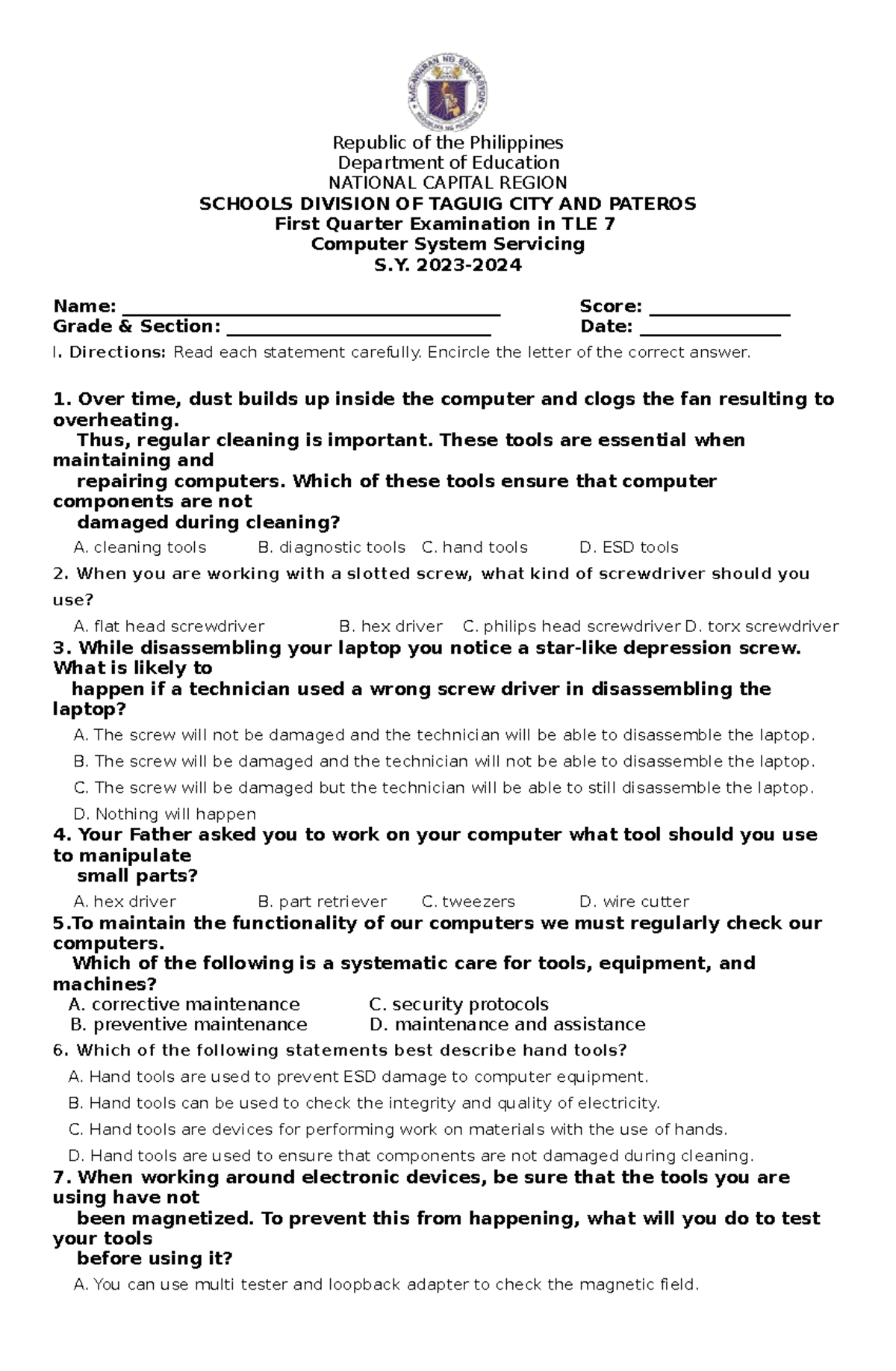 G7 CSS - CSS TEST - Republic of the Philippines Department of Education ...