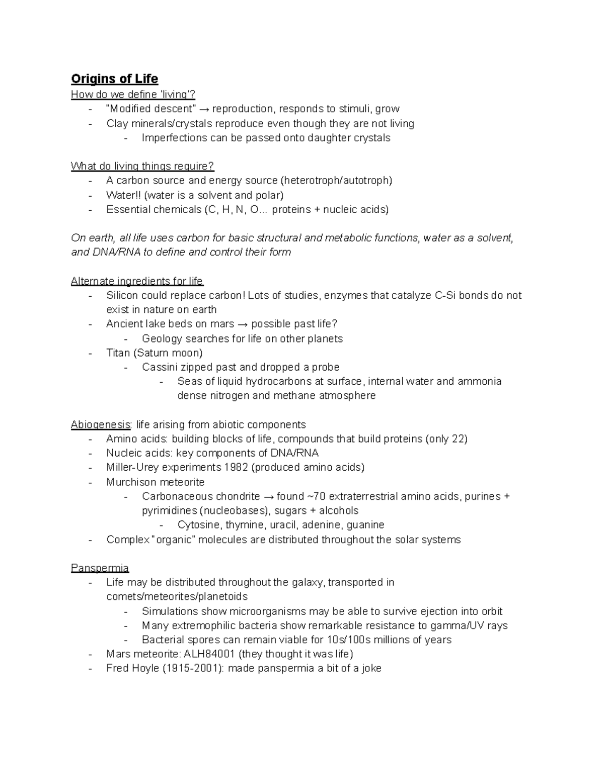 Origins of Life - Lecture notes 8 - Origins of Life How do we define ...