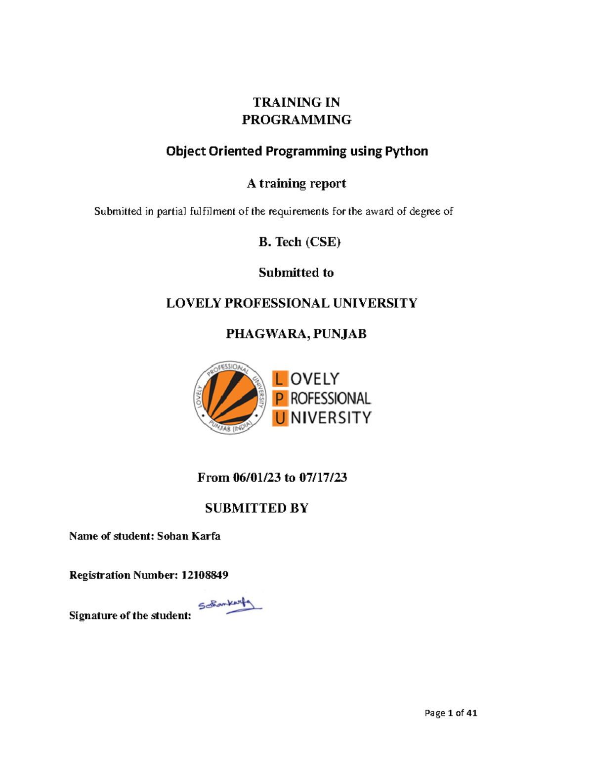 Training Report CSE343 - Summer Training - TRAINING IN PROGRAMMING Object Oriented Programming ...