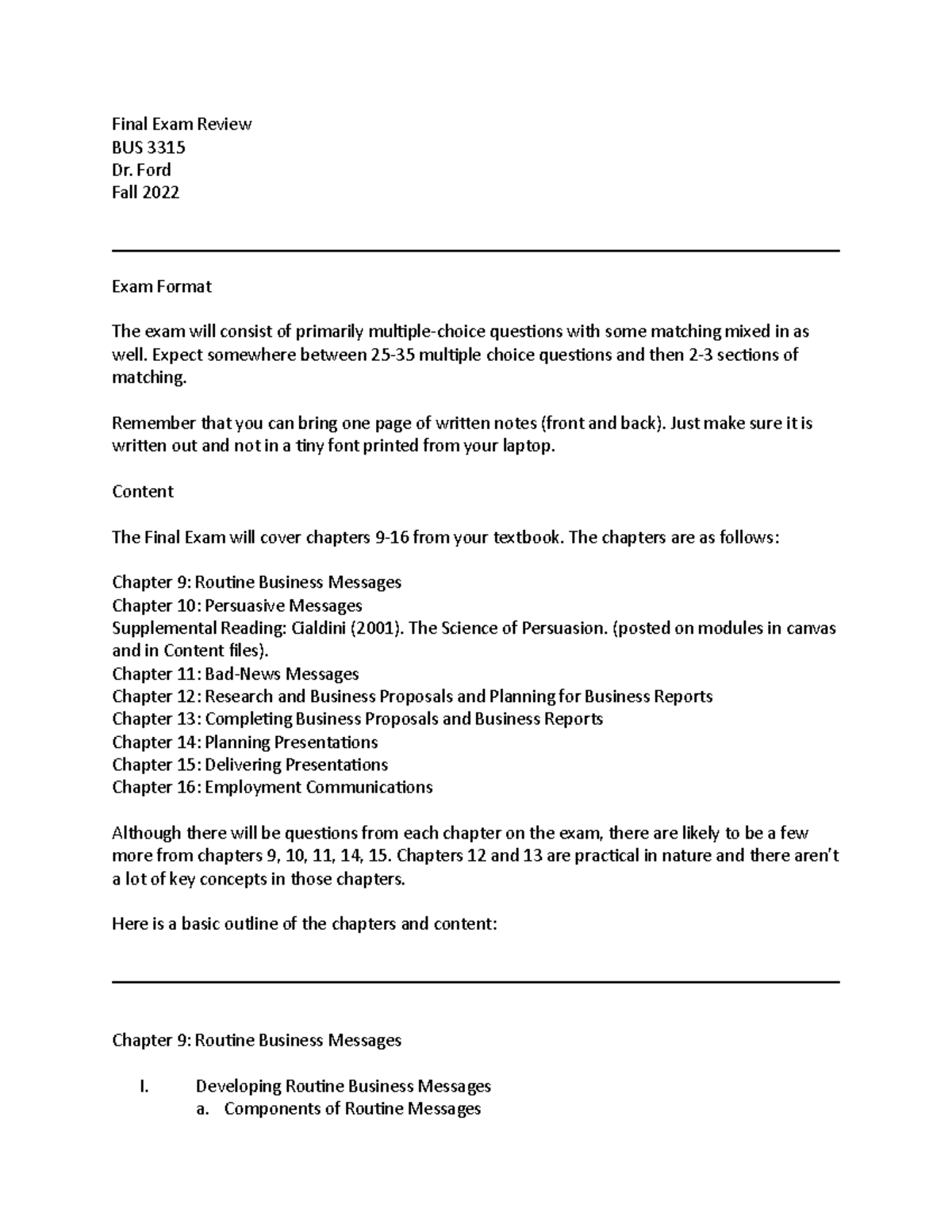 Final Exam Review - JACOB FORD - Final Exam Review BUS 3315 Dr. Ford ...