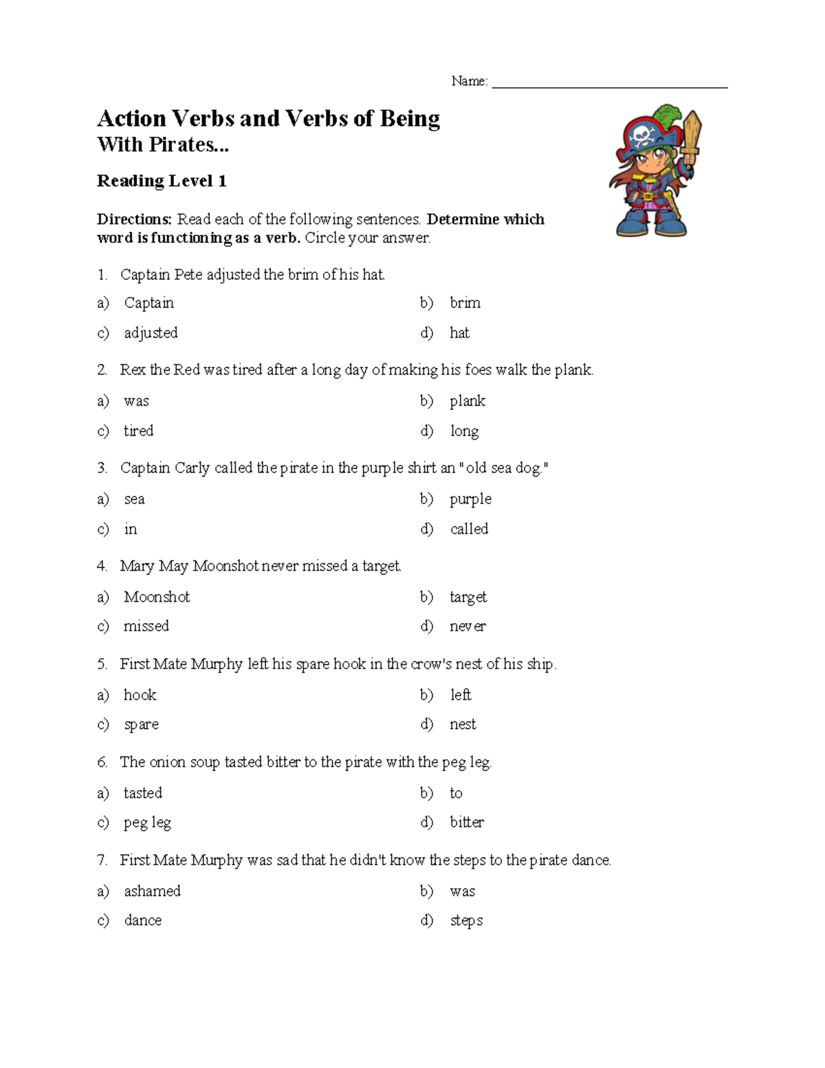 Action verbs and verbs of being worksheet reading level 01 - Name ...
