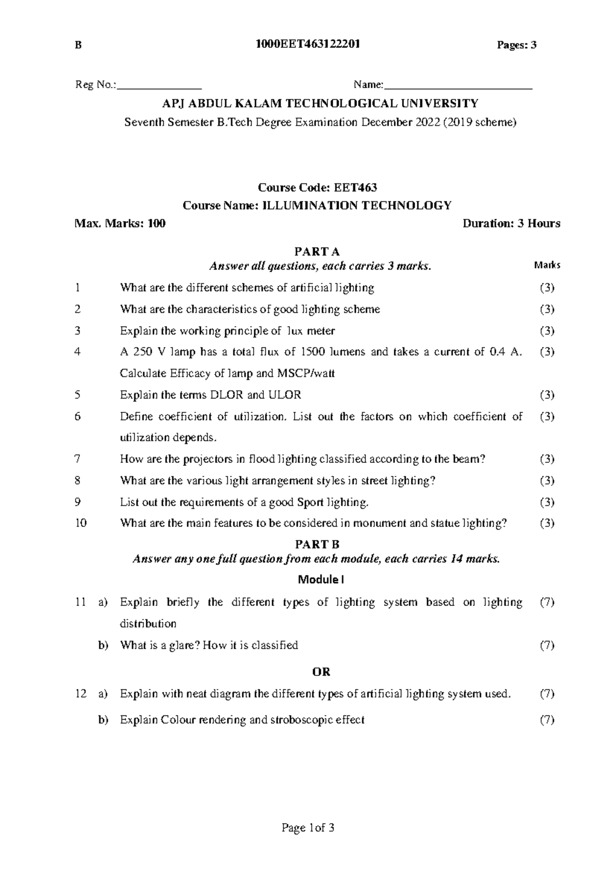 EET463-QP - Question Paper - 1000EET Page 1 of 3 Course Code: EET Course Name: ILLUMINATION ...