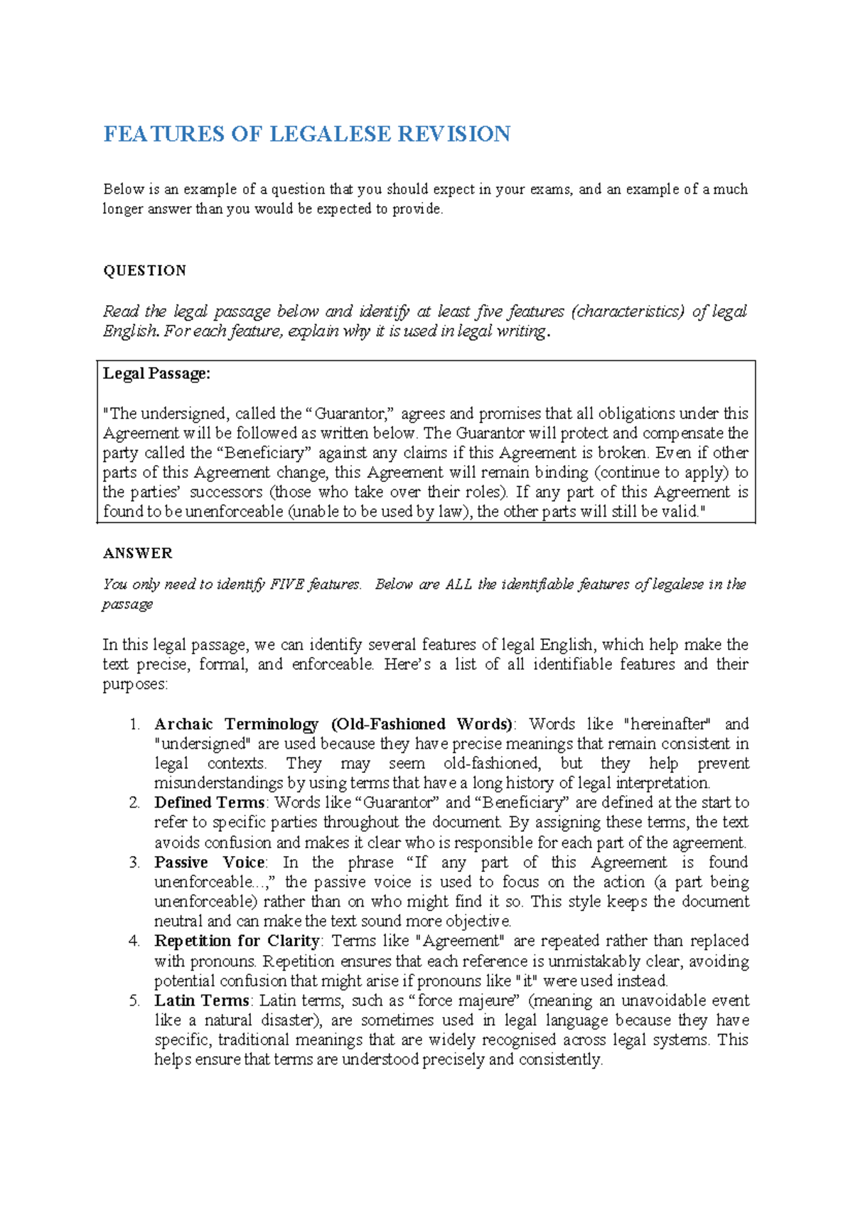 Features OF Legalese Revision - FEATURES OF LEGALESE REVISION Below is ...
