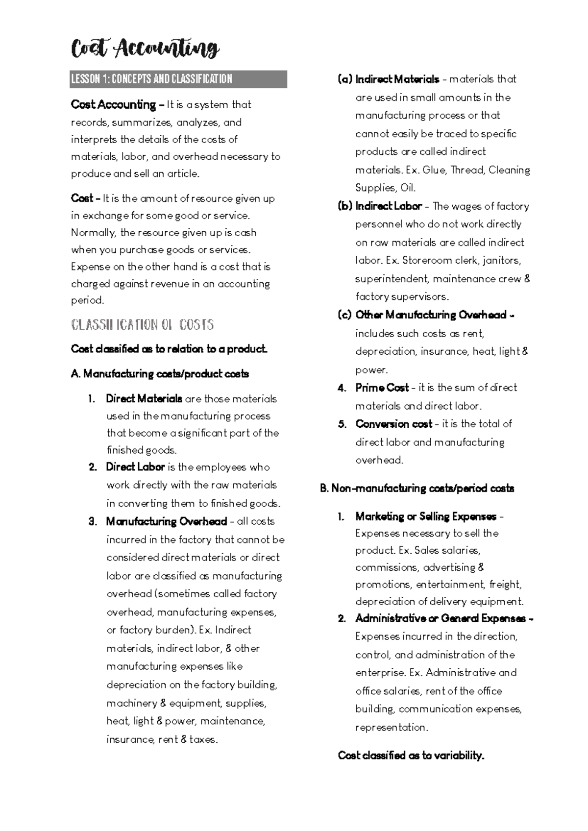 COS - Lesson 1 - Supplemental notes and theories in Cost Accounting ...