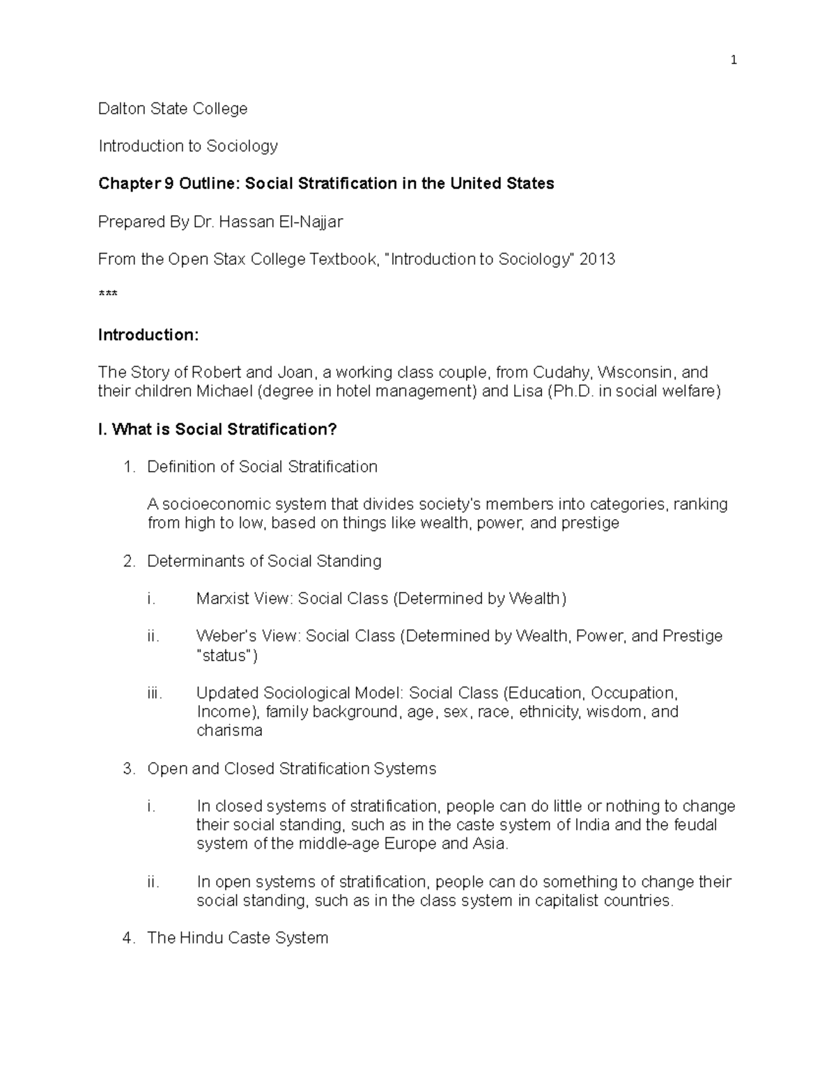 Chapter 9 Outline Social Stratification in the United States - 1 Dalton ...