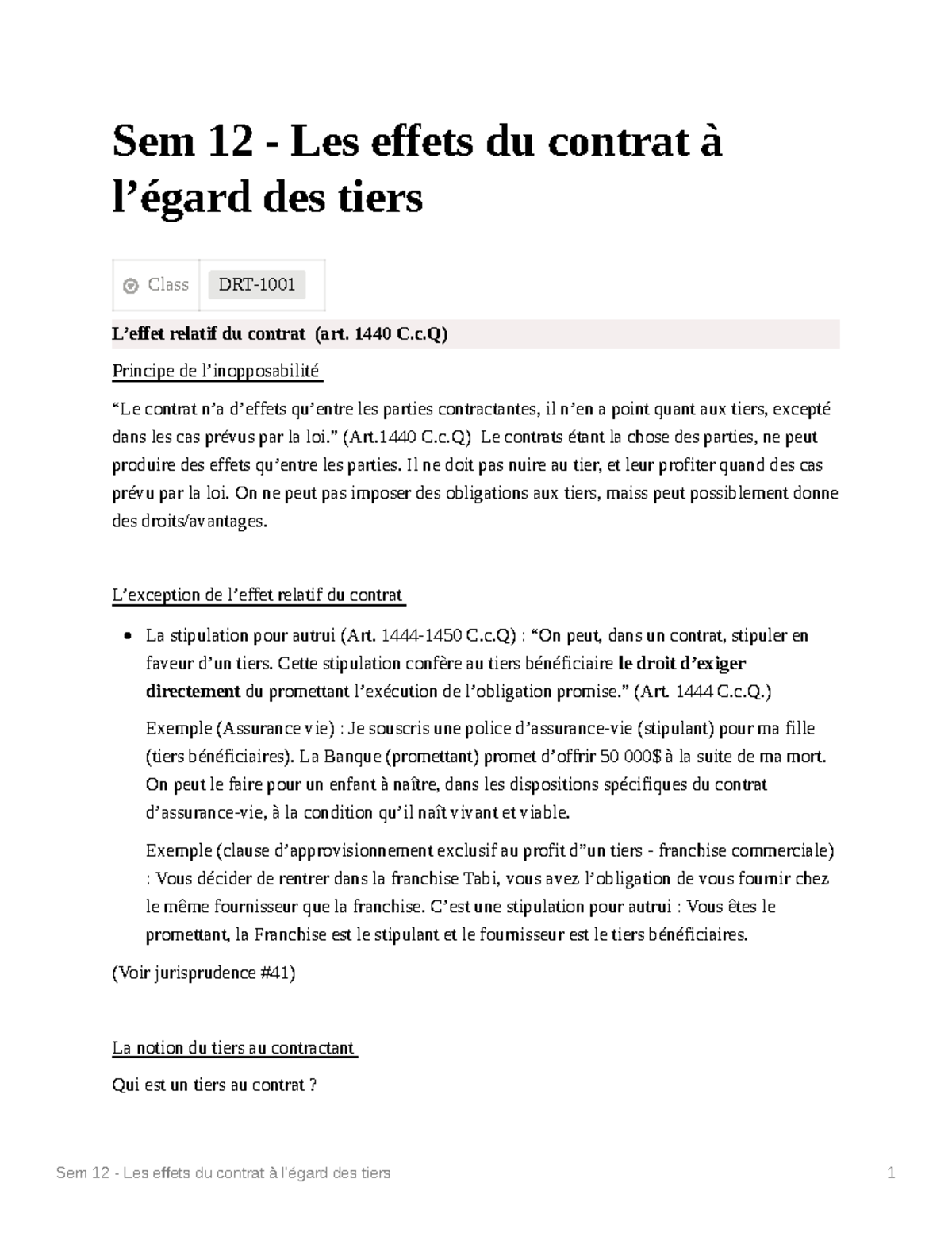 Sem 12 - Les effets du contrat à l'égard des tiers - 1440 C.c) Principe ...