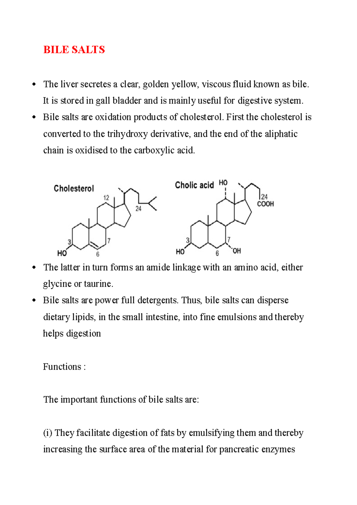 BILE Salts - BILE SALTS The liver secretes a clear, golden yellow ...