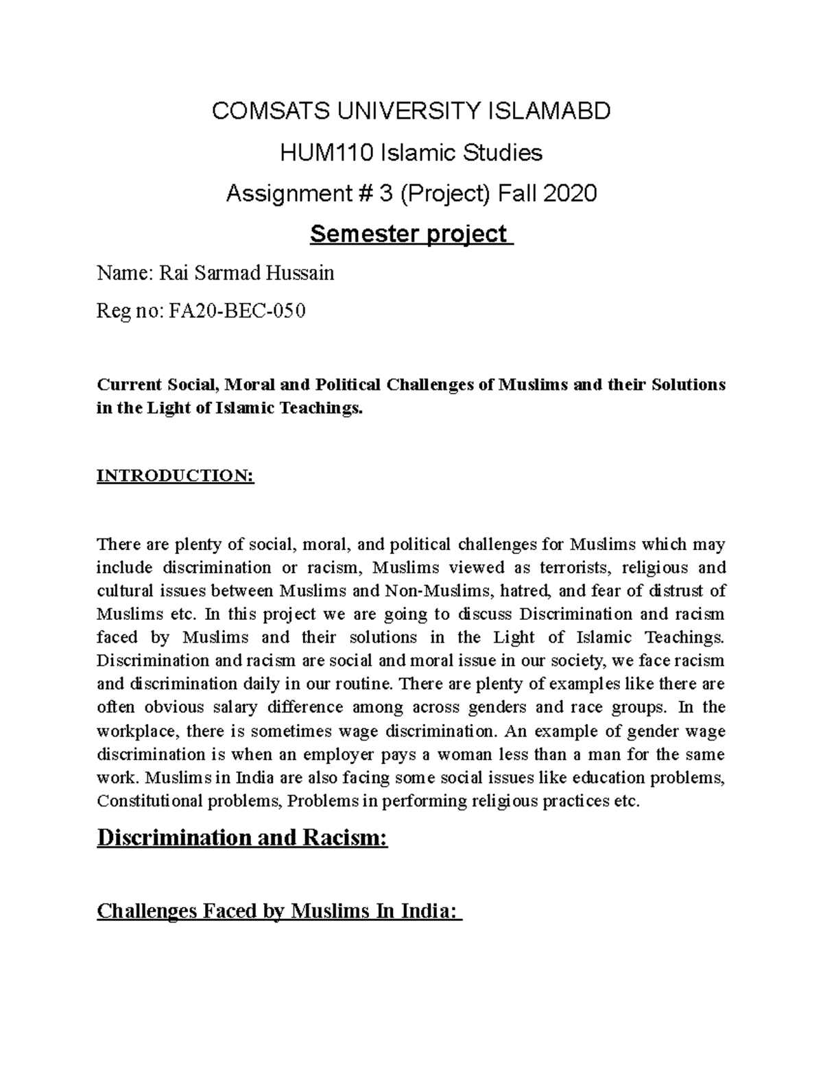 Assignmet # 3 Islamic Studies - COMSATS UNIVERSITY ISLAMABD HUM110 ...