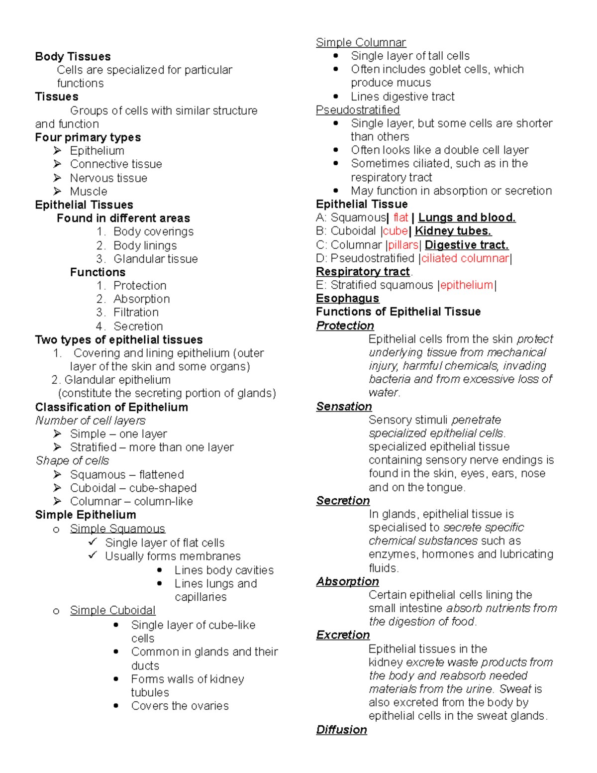 Body Tissues chapt 4 - Lecture notes 1 - Body Tissues Cells are ...