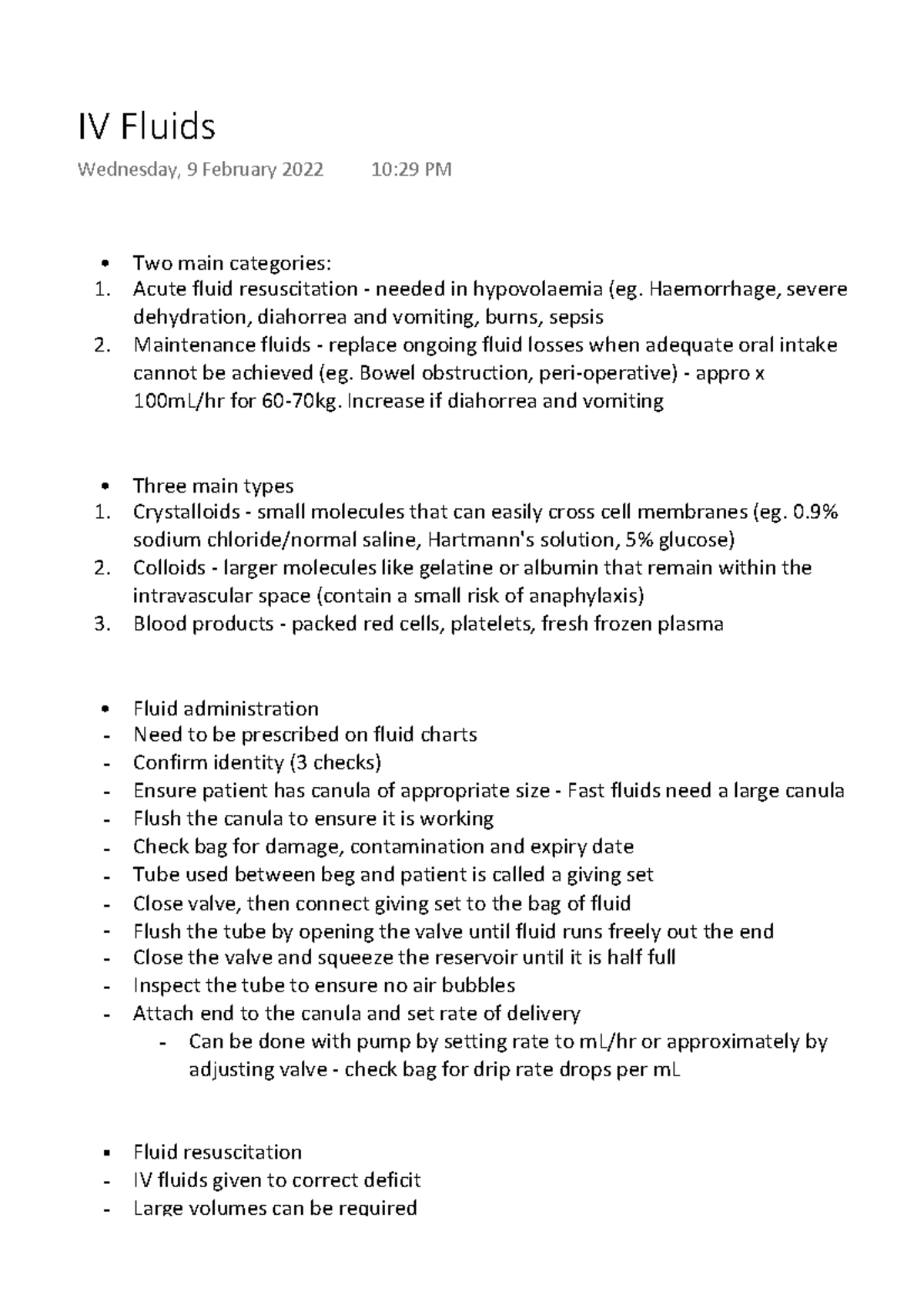 IV Fluids - Lecture notes 6 - Two main categories: Acute fluid ...
