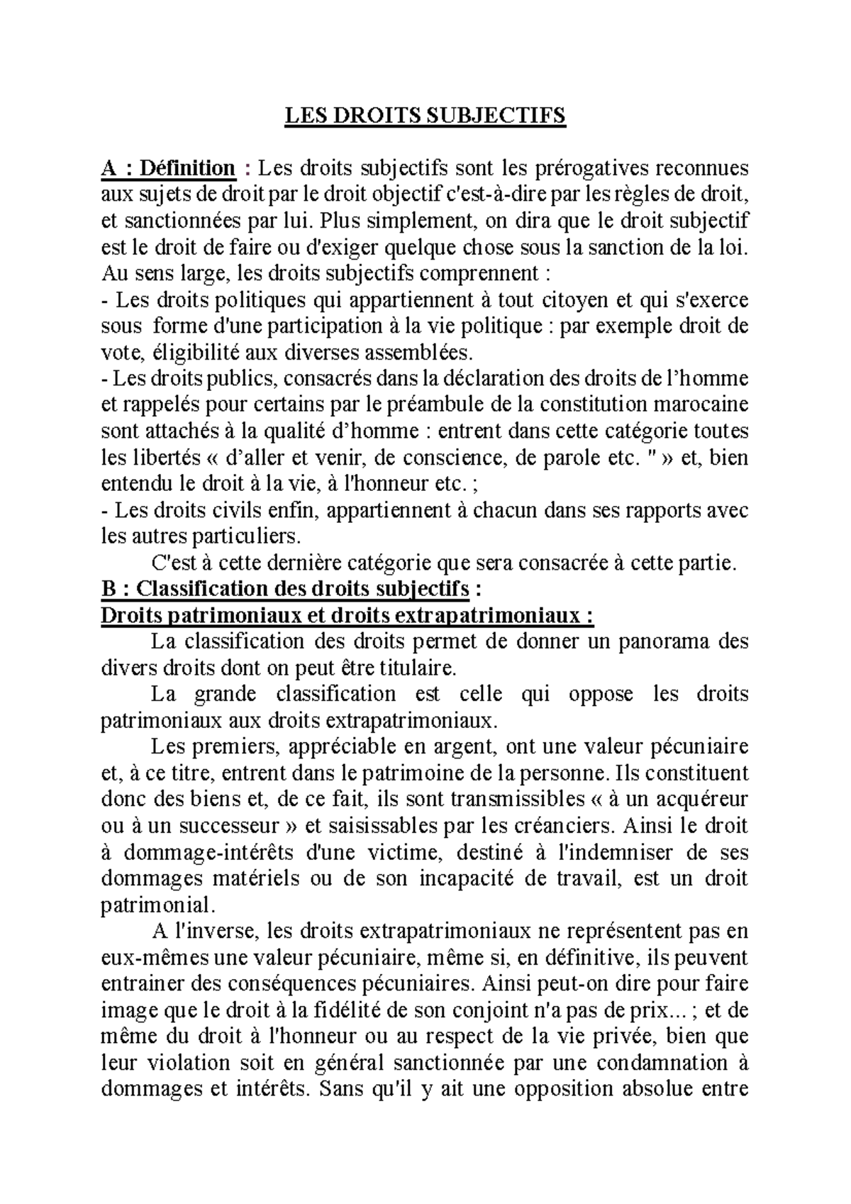 Cours 2 et 3 - Draris Mohammad - LES DROITS SUBJECTIFS A : Définition ...