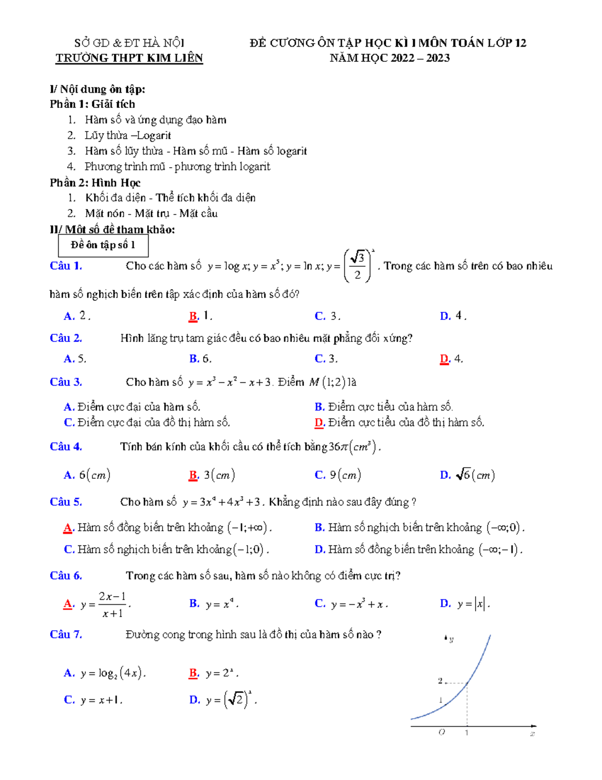 ĐC TOÁN-12 HK1 2022 2023-CÓ-ĐÁP-ÁN - SỞ GD & ĐT HÀ NỘI TRƯỜNG THPT KIM LIÊN ĐỀ CƯƠNG ÔN TẬP HỌC ...