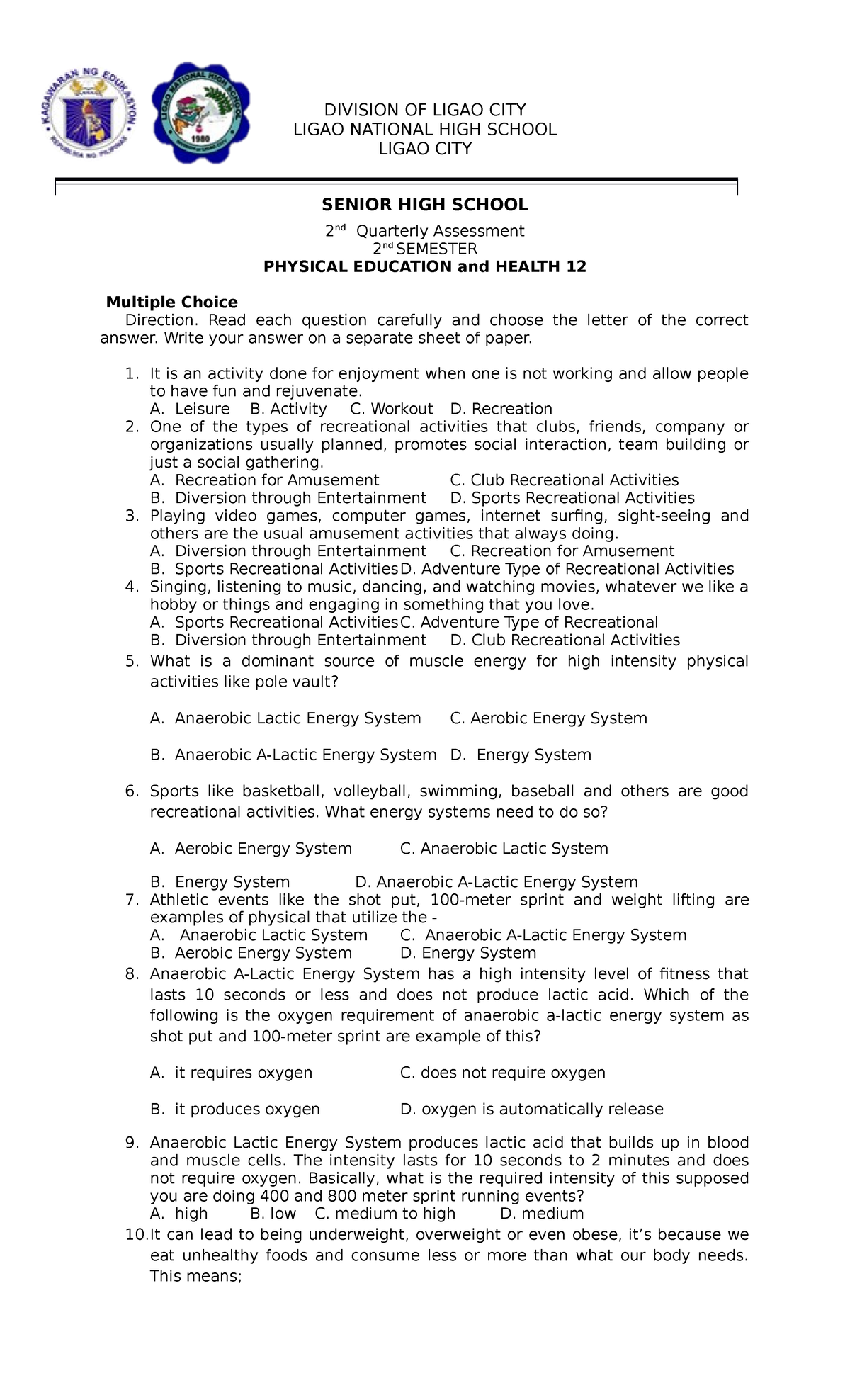 Pe and health exam 2nd semester grade 12 - DIVISION OF LIGAO CITY LIGAO ...
