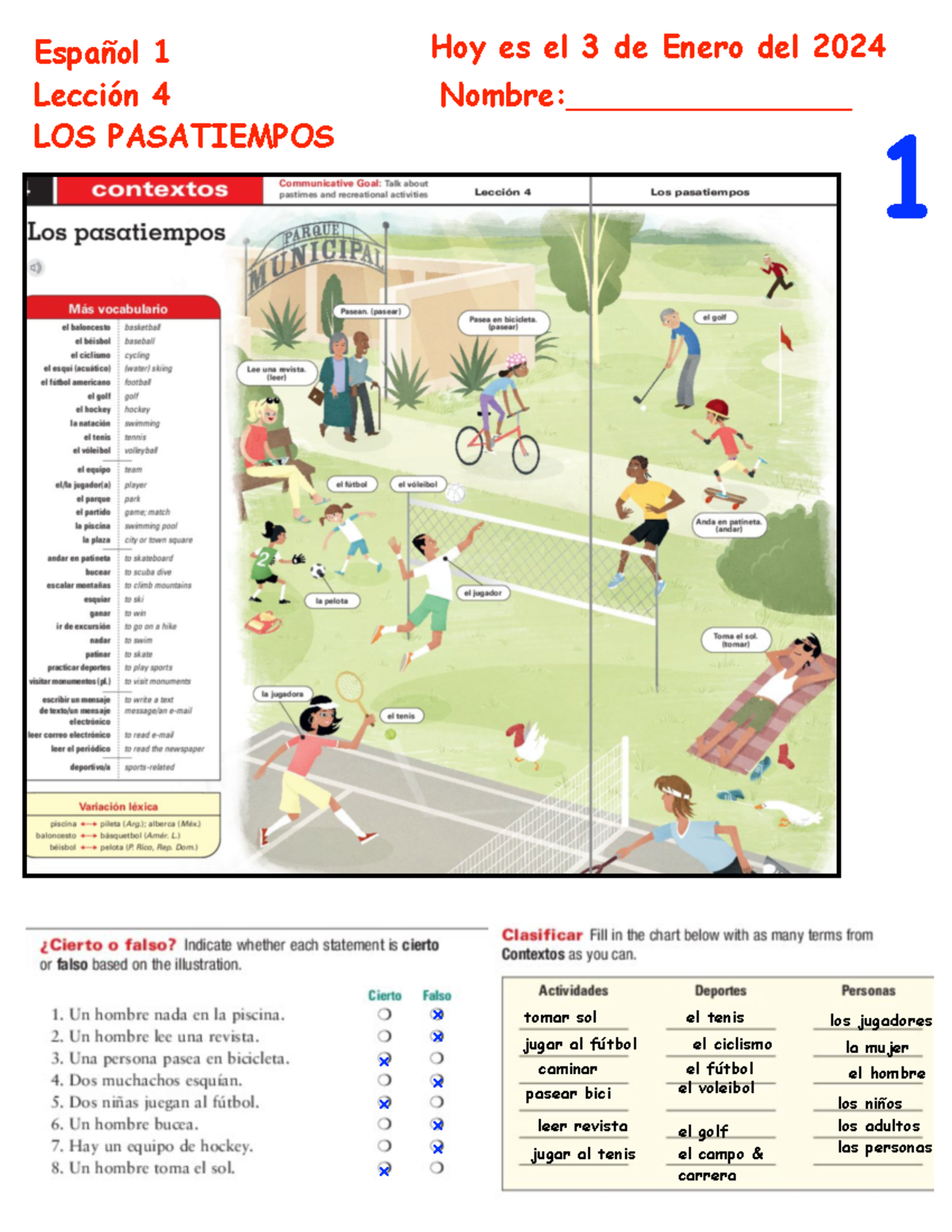 Español 1 Lección 4 - Los Pasatiempos- Enero 3, 2023 - ####### Español ...