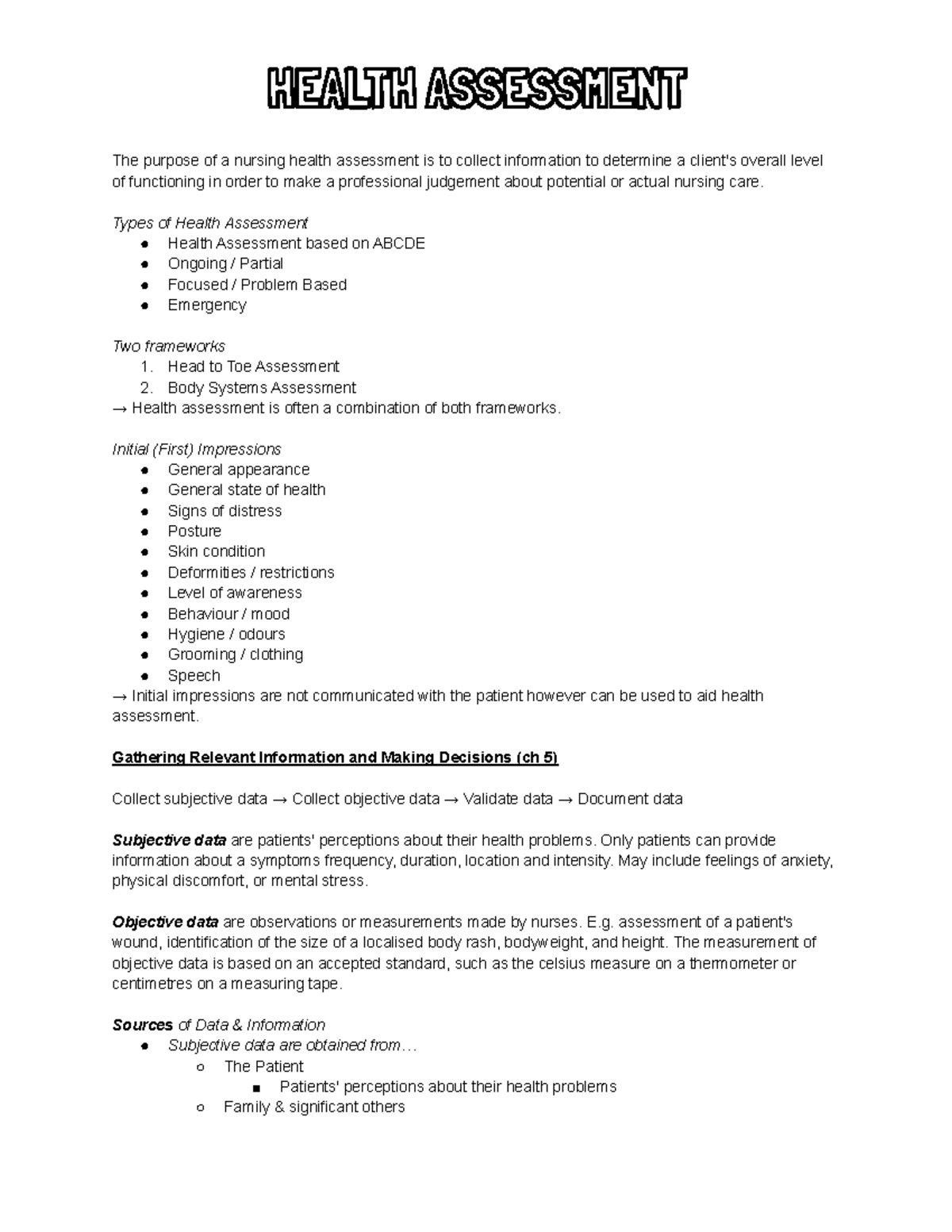 1 - Health Assessment - Course content. - HEALTH ASSESSMENT The purpose ...