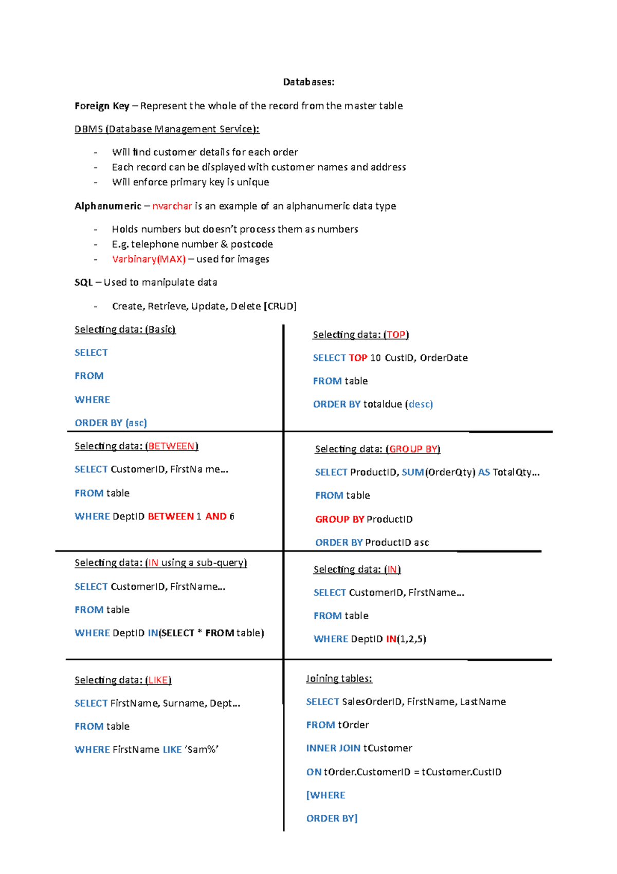 Databases Revision - Lecture notes 1-10 - Databases: Foreign Key ...