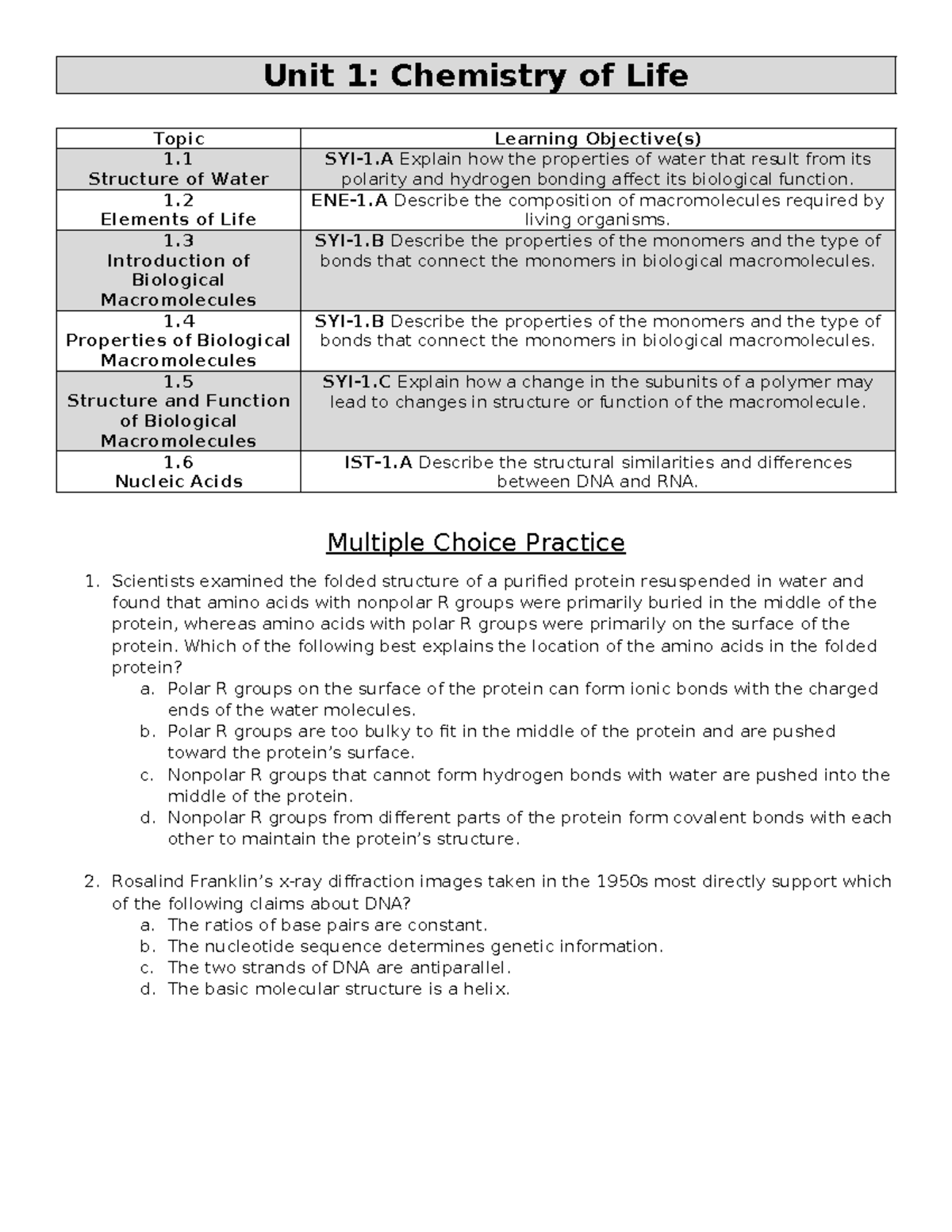 Unit 1 multiple choice practice 1 - Unit 1: Chemistry of Life Topic ...